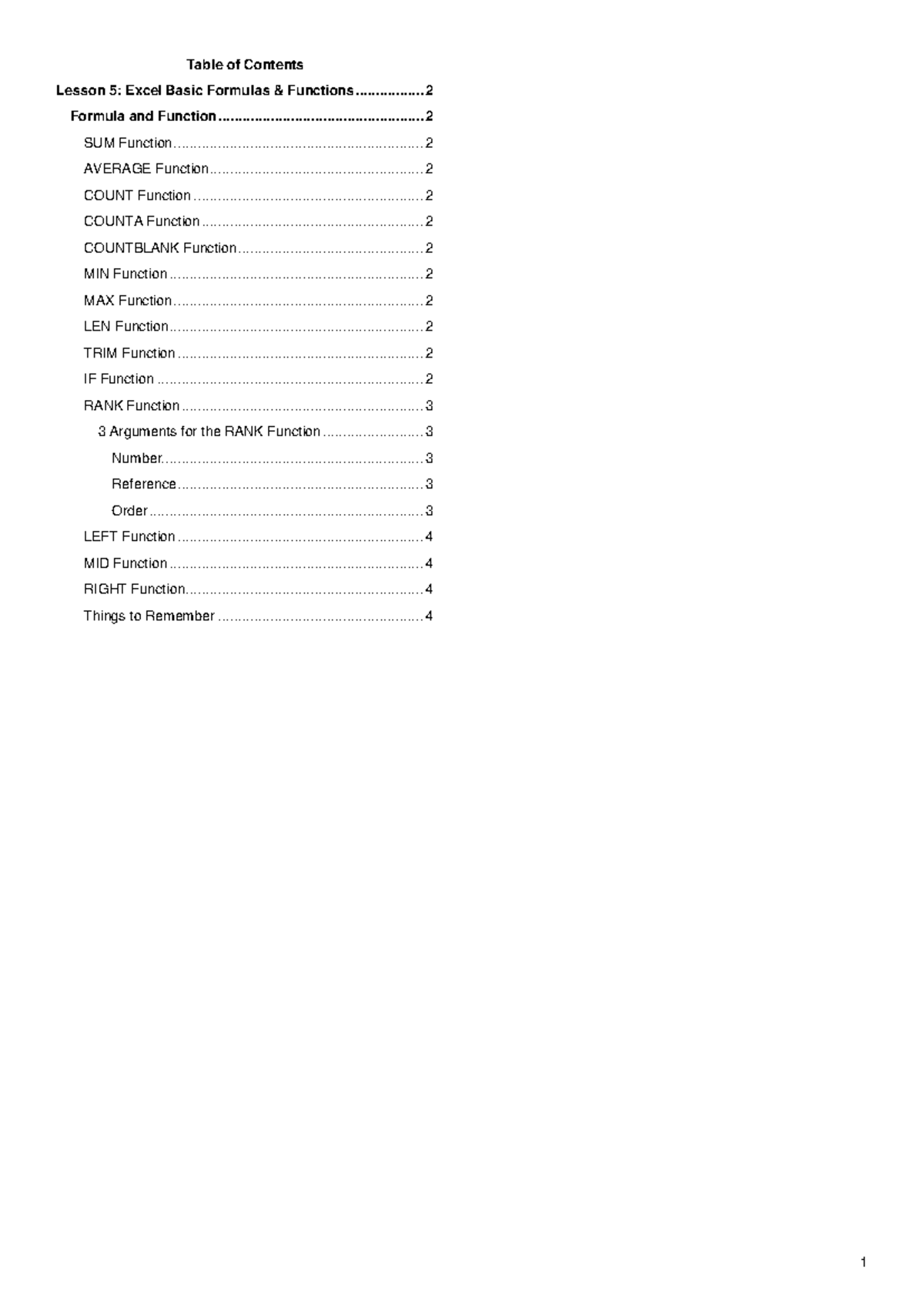 5 Excel Basic Formulas & Functions - Table of Contents Lesson 5: Excel Basic Formulas & - Studocu