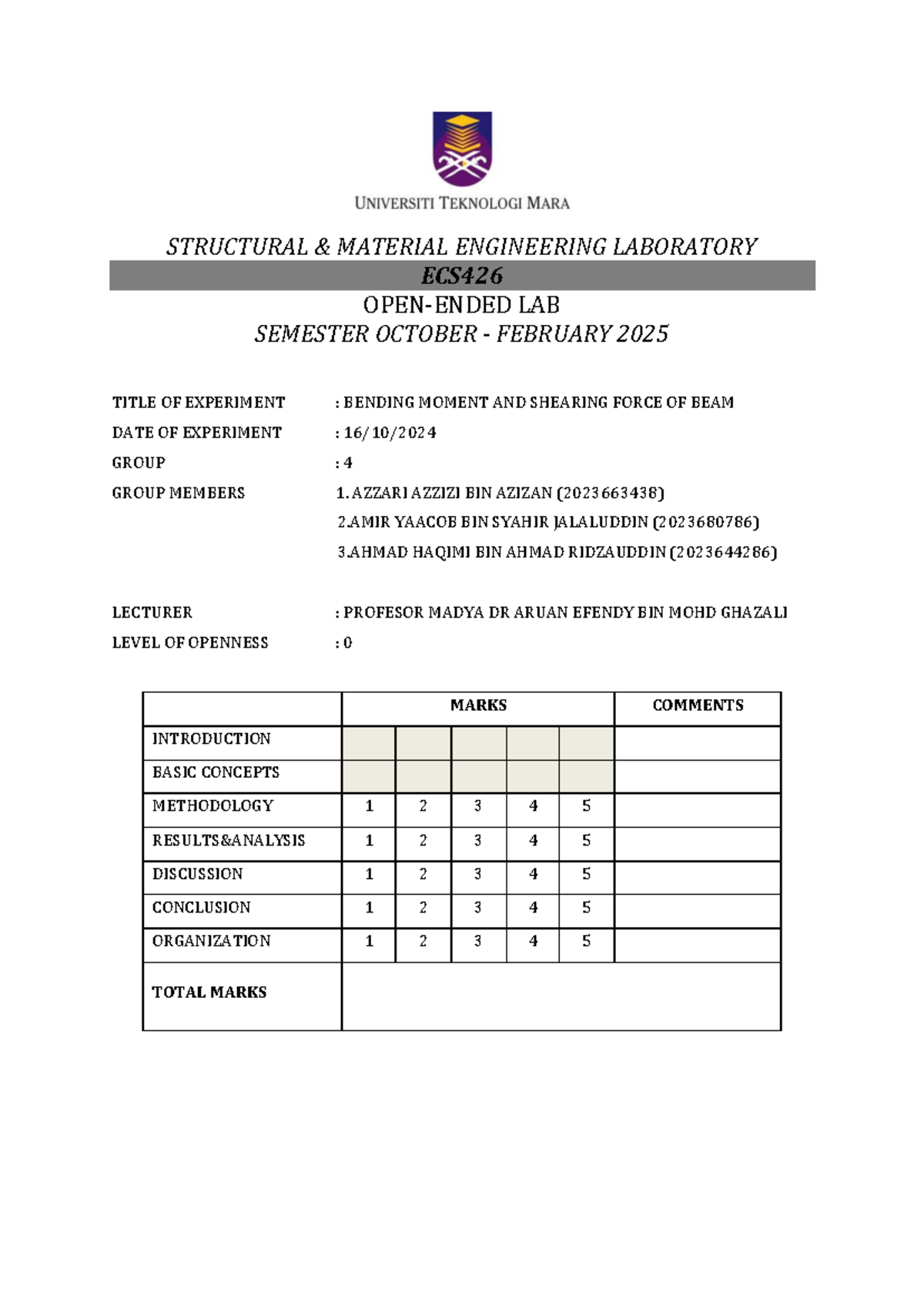 ECS426 LAB 2 Group 4 - Lab 4 - STRUCTURAL & MATERIAL ENGINEERING ...