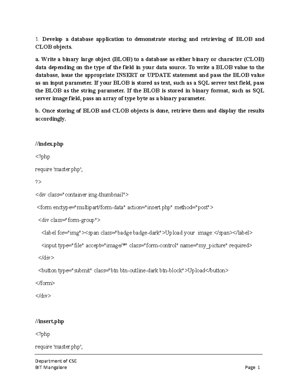 Adbms(lab programs) - MTech Advance Database Management Laboratory Manual - Develop a database ...