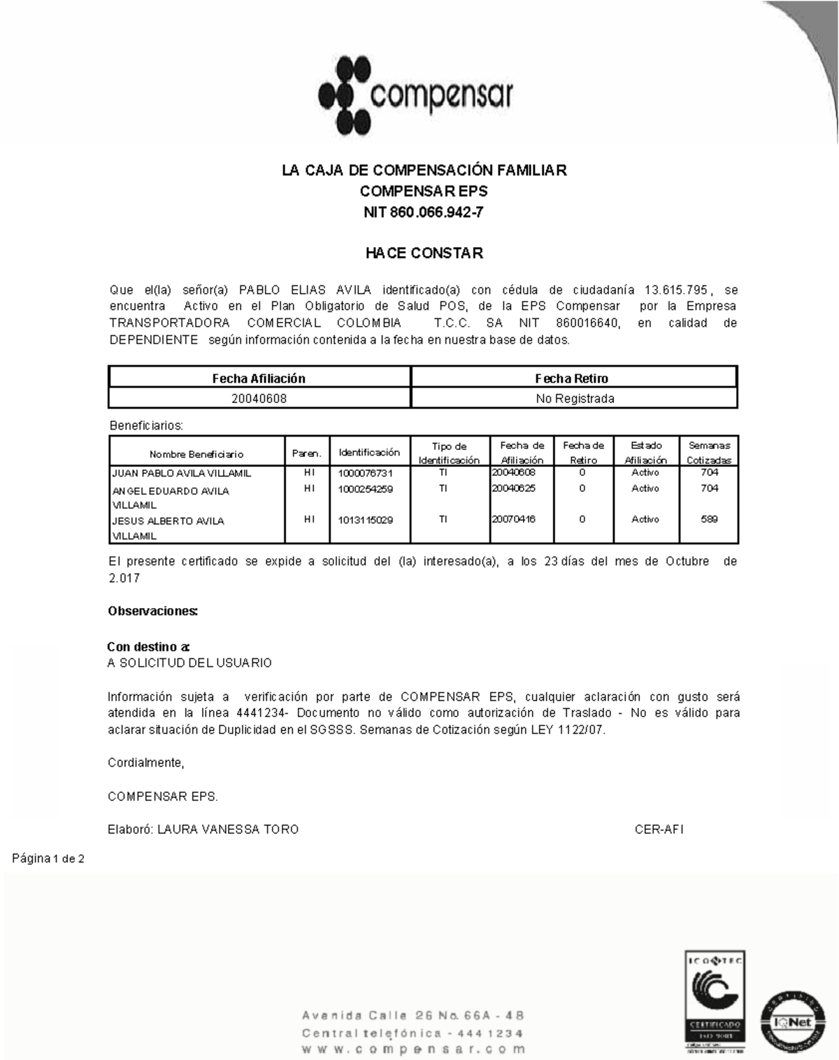 13615795 - administración - LA CAJA DE COMPENSACIÓN FAMILIAR COMPENSAR ...