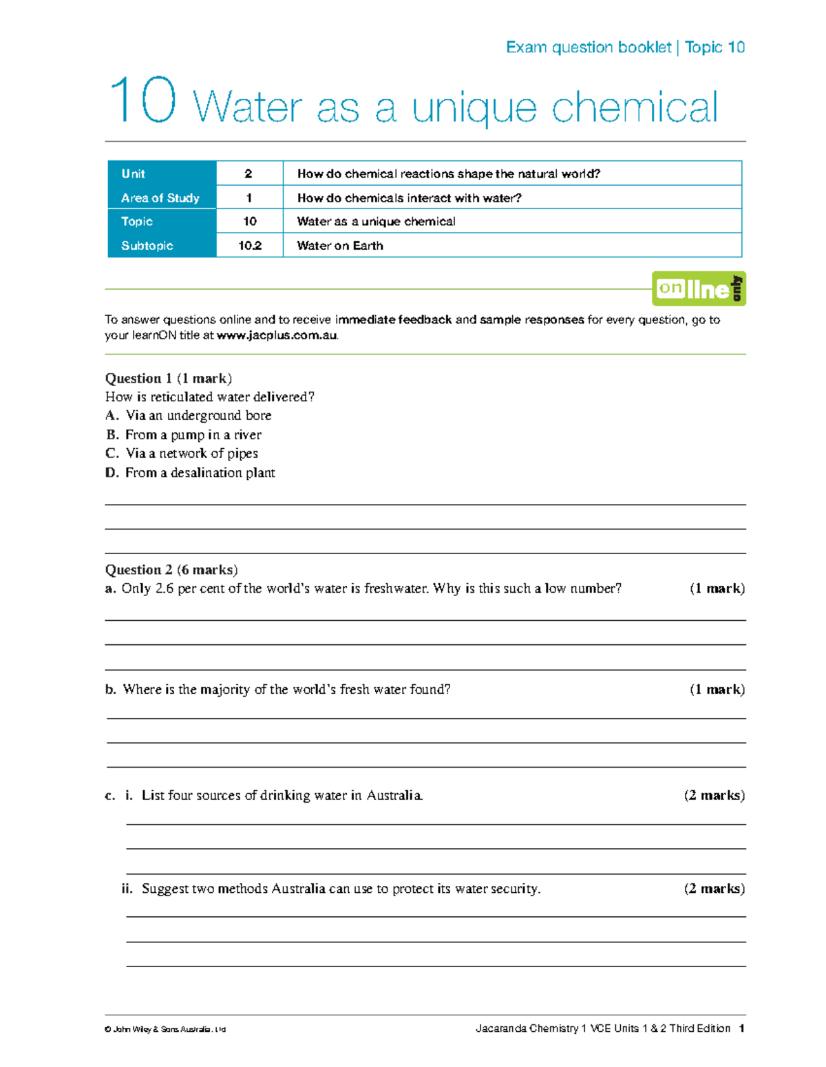 Ch 10 exam booklet water - Exam question booklet | Topic 10 10 Water as ...