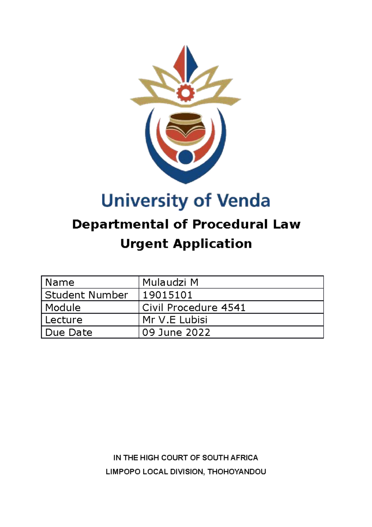 Urgent Application - Departmental of Procedural Law Urgent Application ...