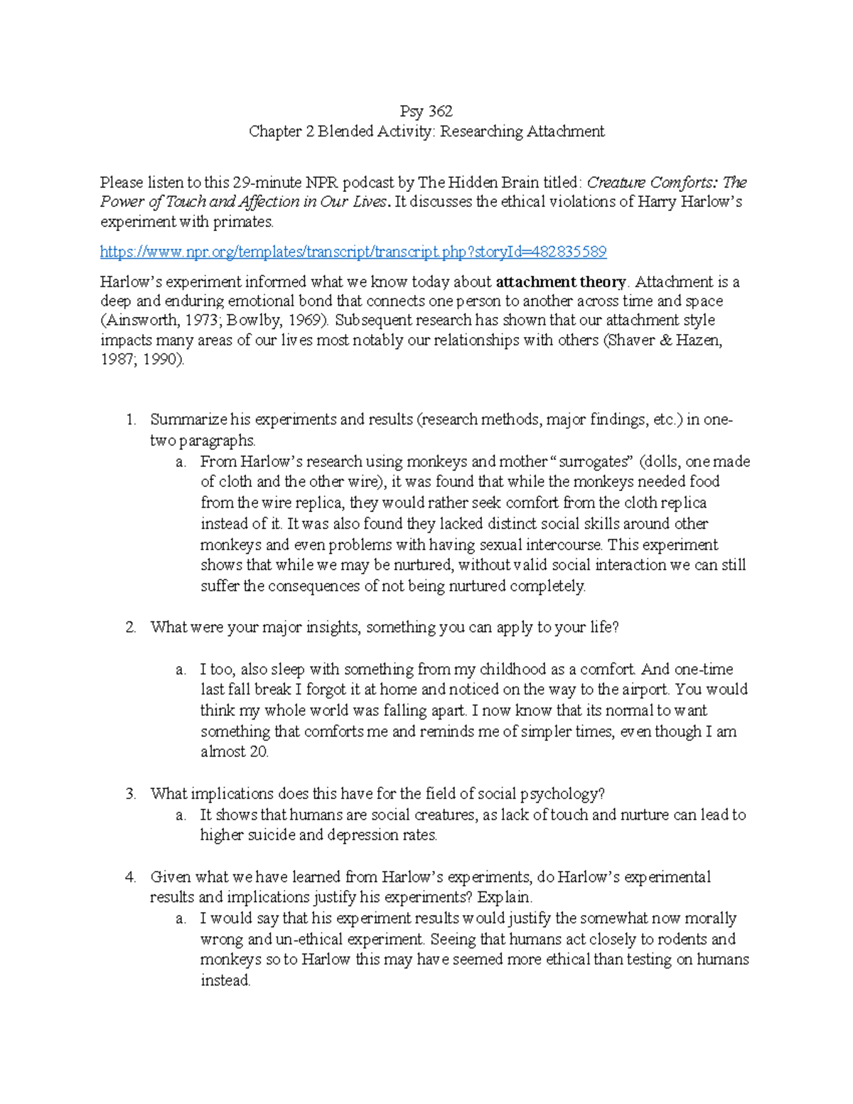 Chapter 2 Blended - Psy 362 Chapter 2 Blended Activity: Researching Attachment Please listen to ...