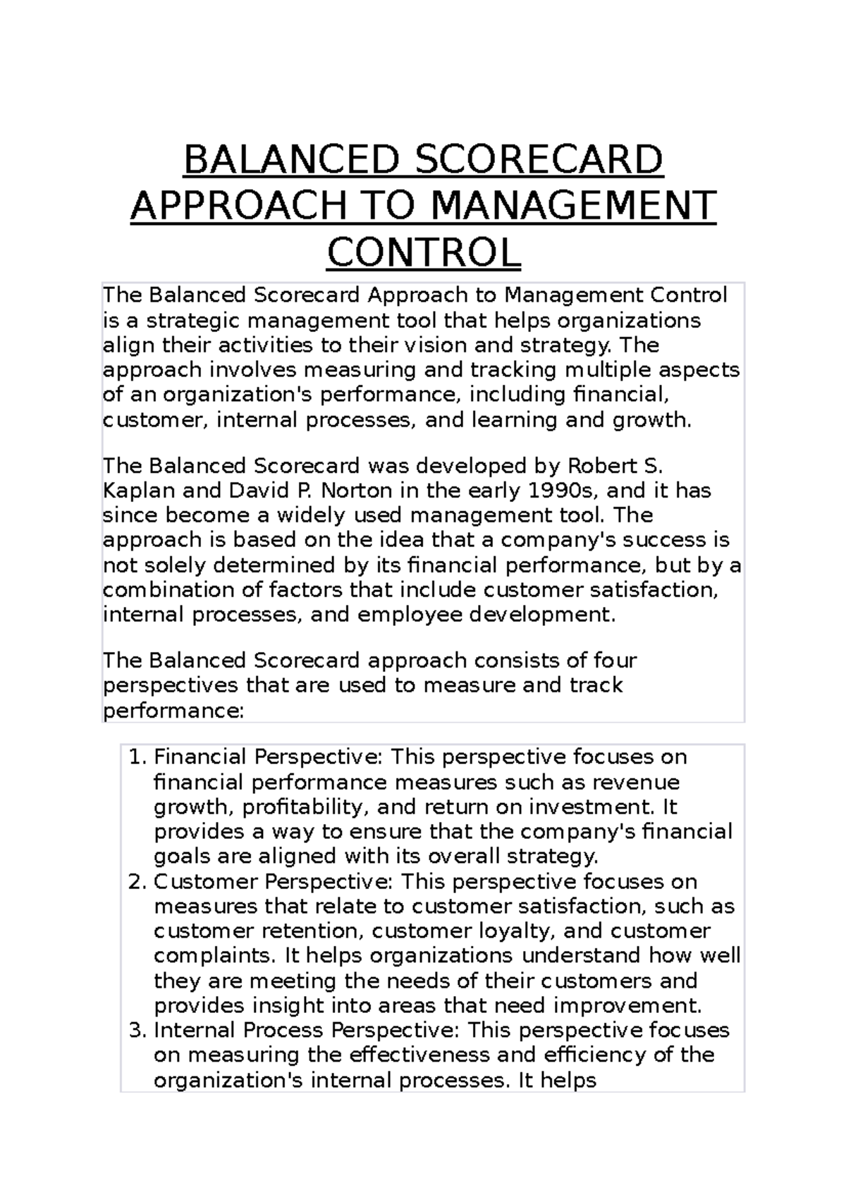 Balanced Scorecard Approach TO Management Control - The approach ...