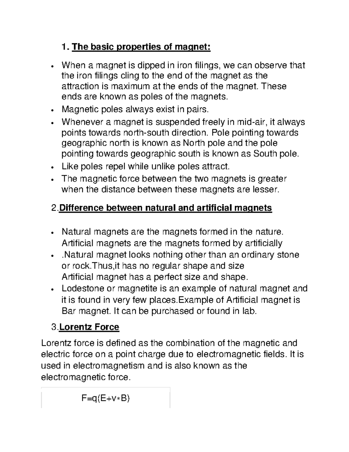 Document - Summary Physics - The basic properties of magnet: When a ...