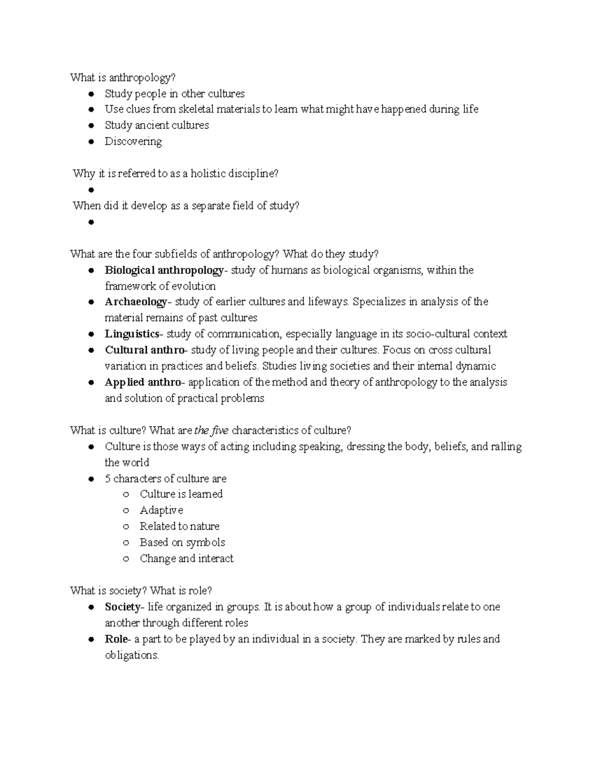 Anthro exam 1 review sheet - What is anthropology? Study people in ...