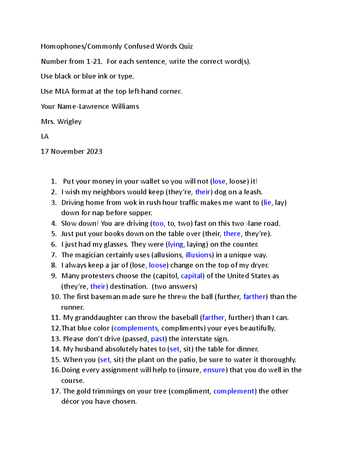 Homonym quiz - Answers - Homophones/Commonly Confused Words Quiz Number ...