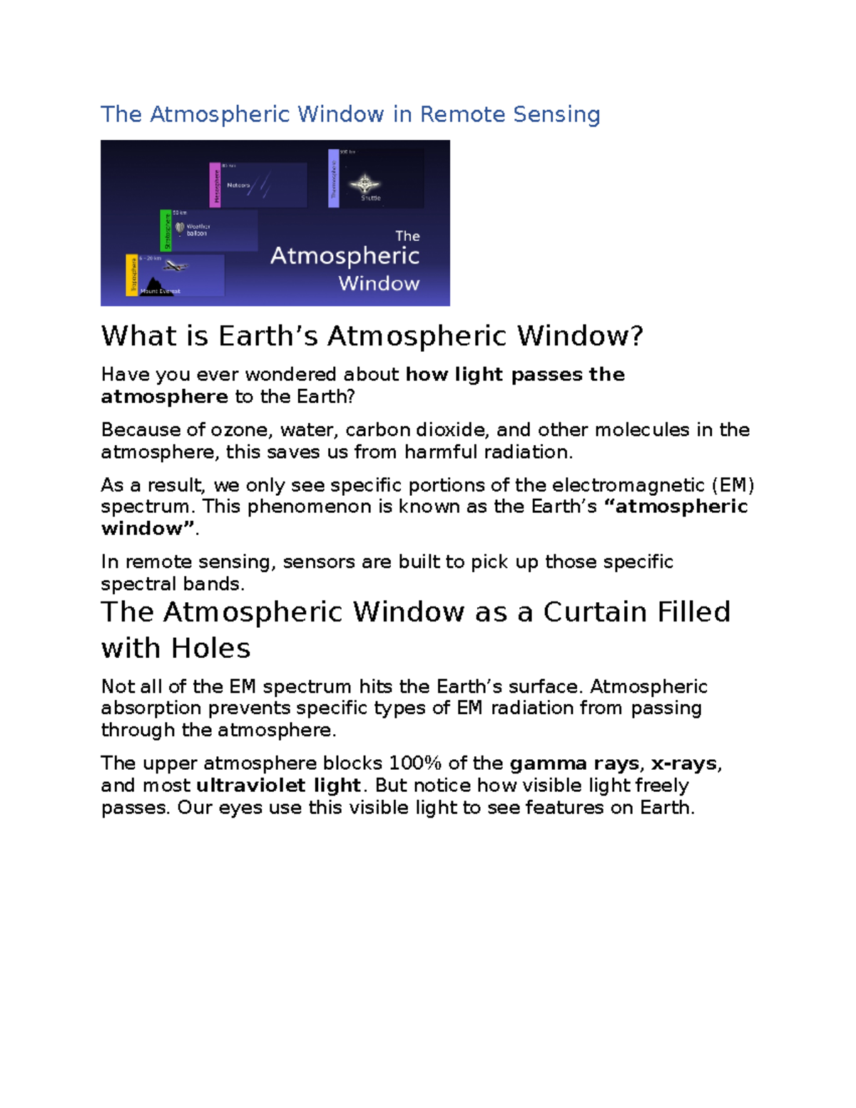 Atmospheric Window in Remote Sensing - As a result, we only see ...