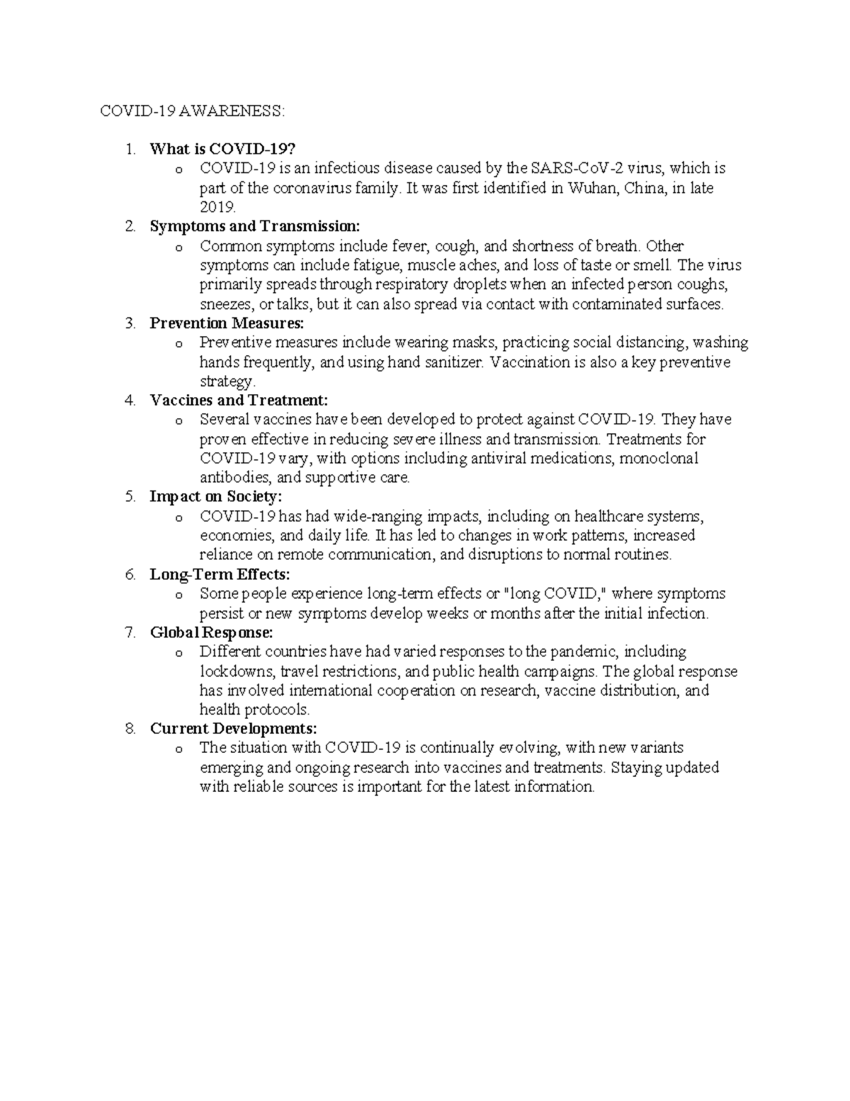 Covid-19 - informative - COVID-19 AWARENESS: 1. What is COVID-19? o ...