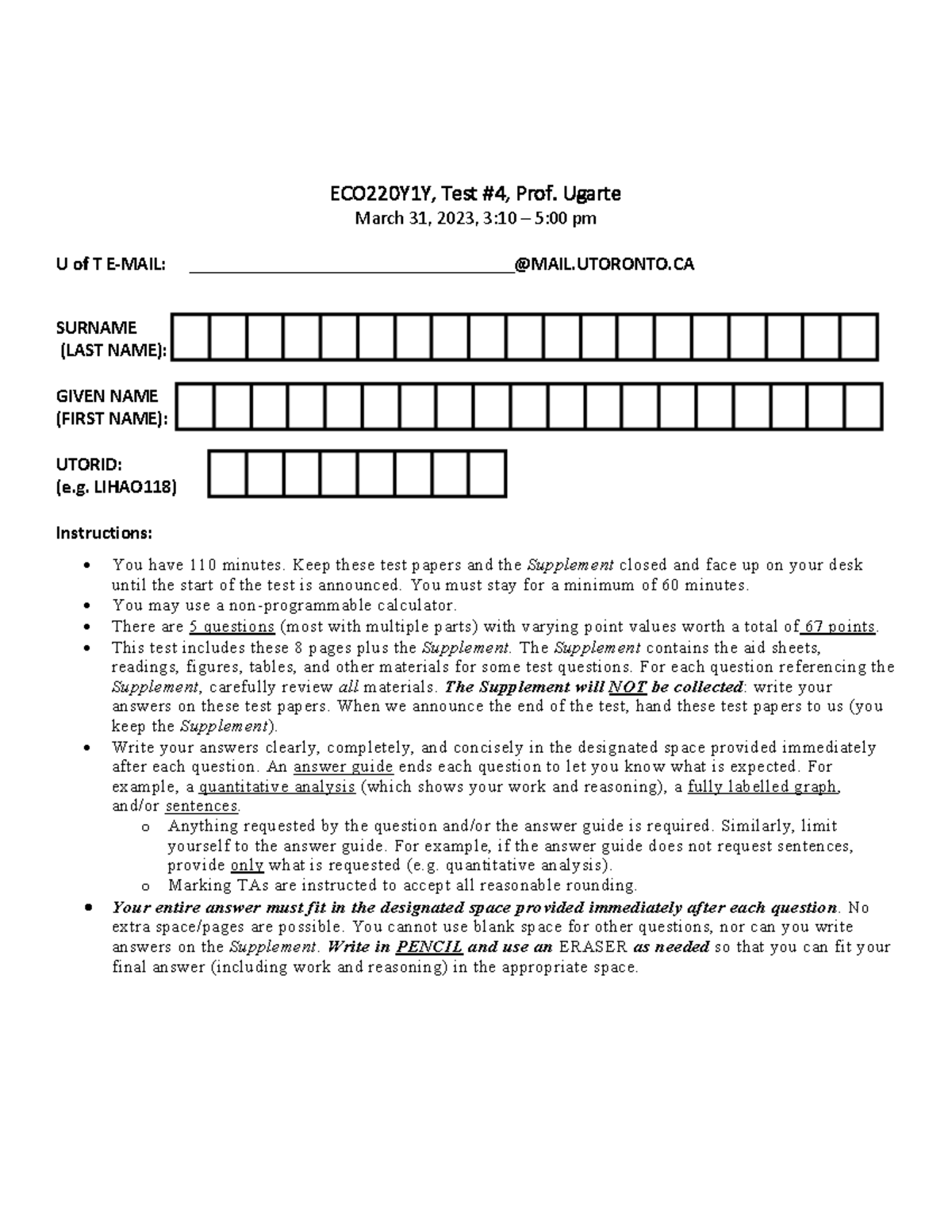ECO220 TT4 TEST - ECO220Y1Y, Test # 4 , Prof. Ugarte March 31, 202 3 ...