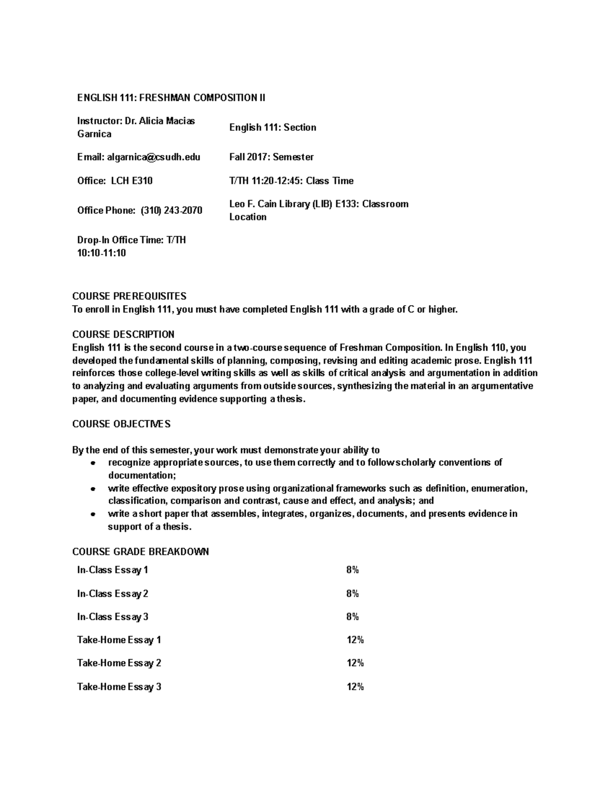 English 111 syllabus - ENGLISH 111: FRESHMAN COMPOSITION II Instructor: Dr. Alicia Macias ...