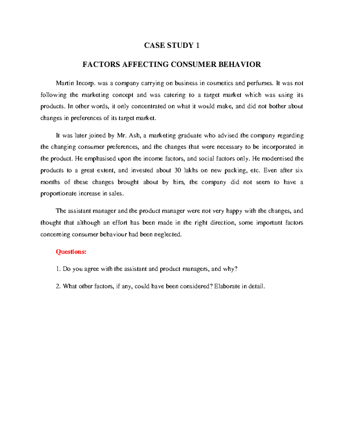 CASE Study 1 - NMNN - CASE STUDY 1 FACTORS AFFECTING CONSUMER BEHAVIOR ...