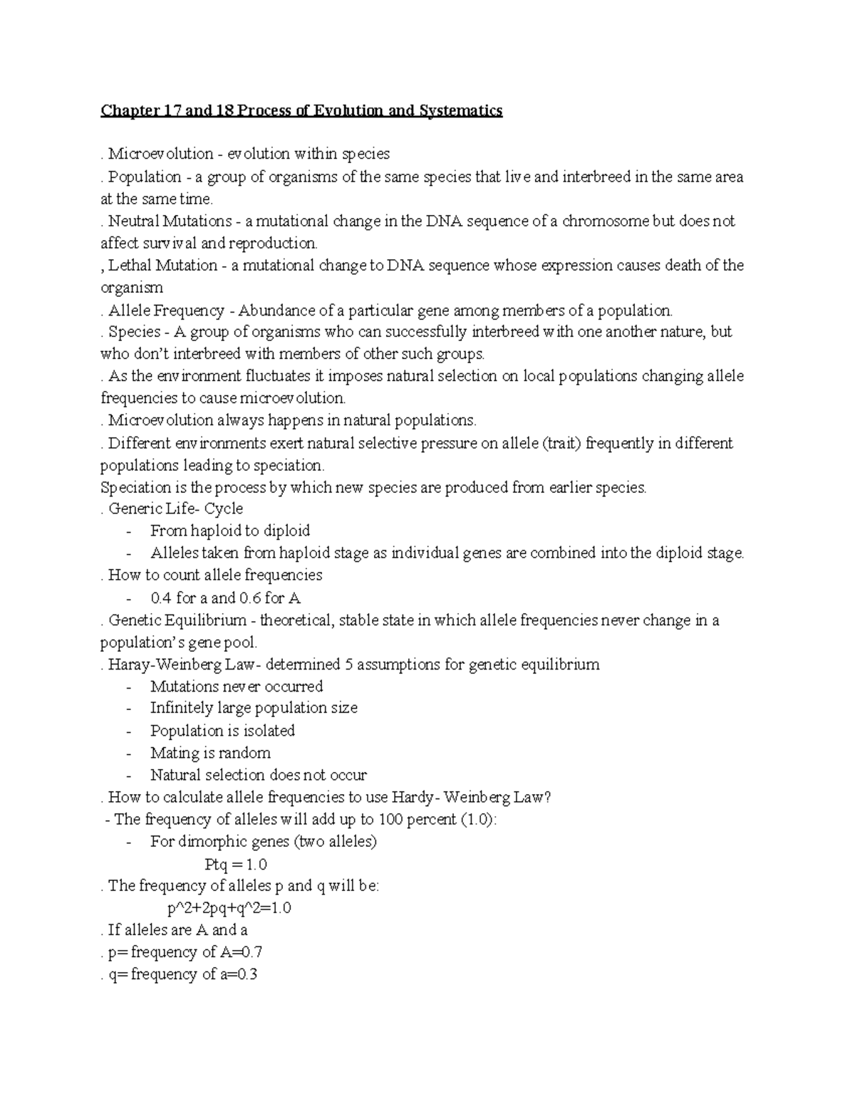 Notes - Chapter 17 and 18 Process of Evolution and Systematics ...