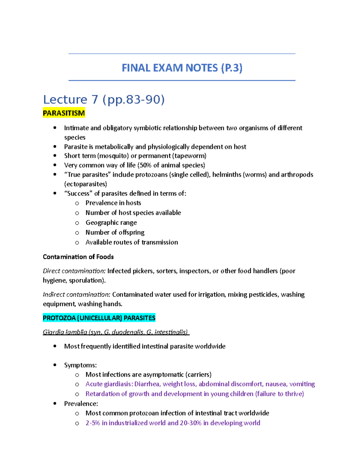 Final Exam Notes - FINAL EXAM NOTES (P) Lecture 7 (pp-90) PARASITISM ...