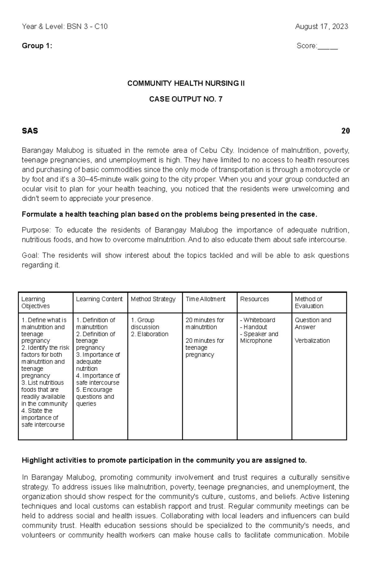 CHN CASE Output 7 - CHN CASE STUDY - Year & Level: BSN 3 - C10 August ...