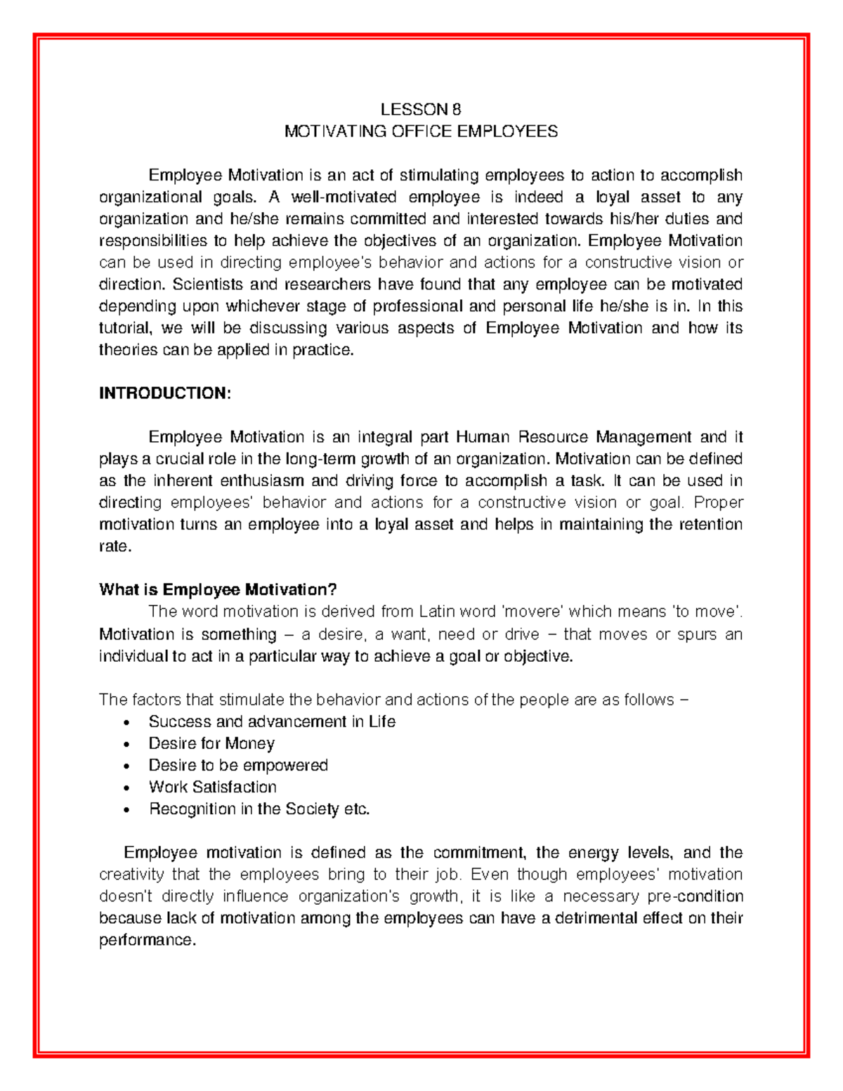 Lesson 8 - NOTES USE TO GUIDE STUDENTS - LESSON 8 MOTIVATING OFFICE ...