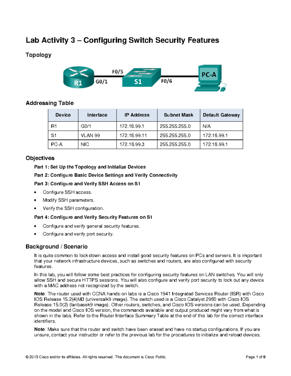 Laboratory Activity 3 Configuring Switch Security Features Fillable Topology Addressing