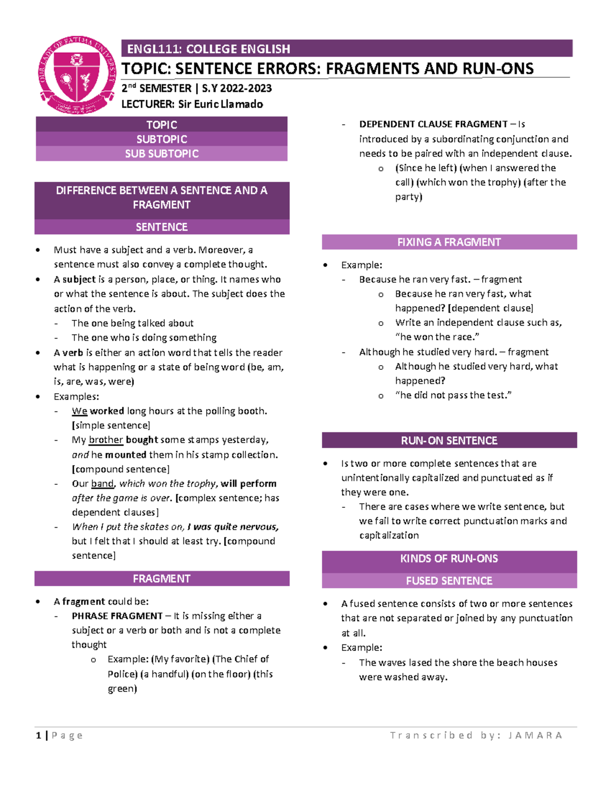 Lesson 3 - Sentence Errors - Fragments AND RUN-ONS - 1 | P a g e T r a ...