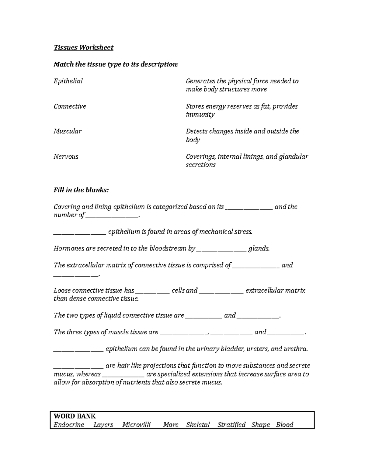 Practice worksheet for tissues - Tissues Worksheet Match the tissue ...