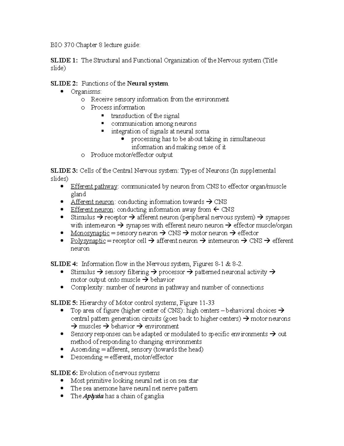 Chapter 8 Lecture Notes - BIO 370 Chapter 8 lecture guide: SLIDE 1: The ...