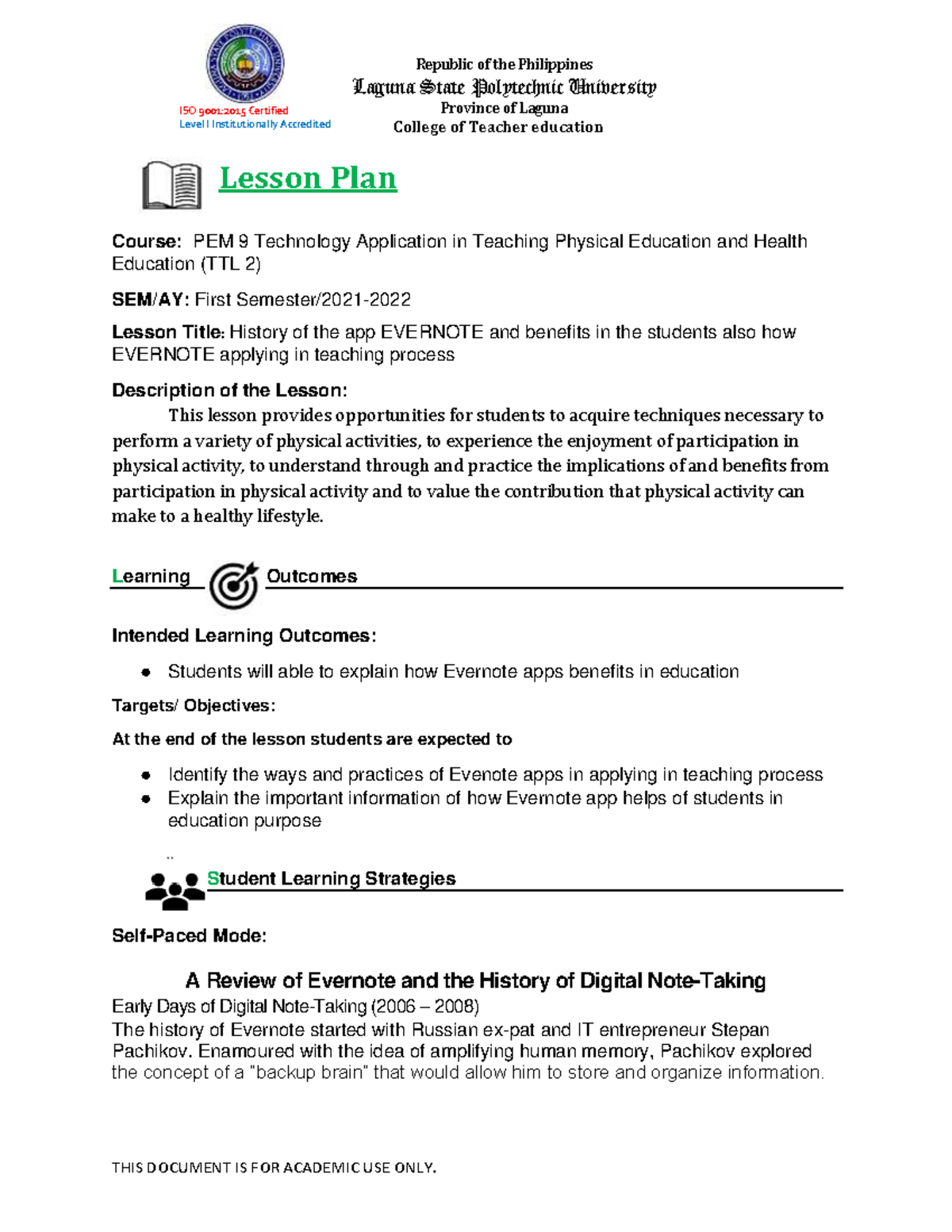 Lesson PLAN Evernote APPS Tonzon MARK NEIL V BPED 2A - ISO 9001:2015 ...