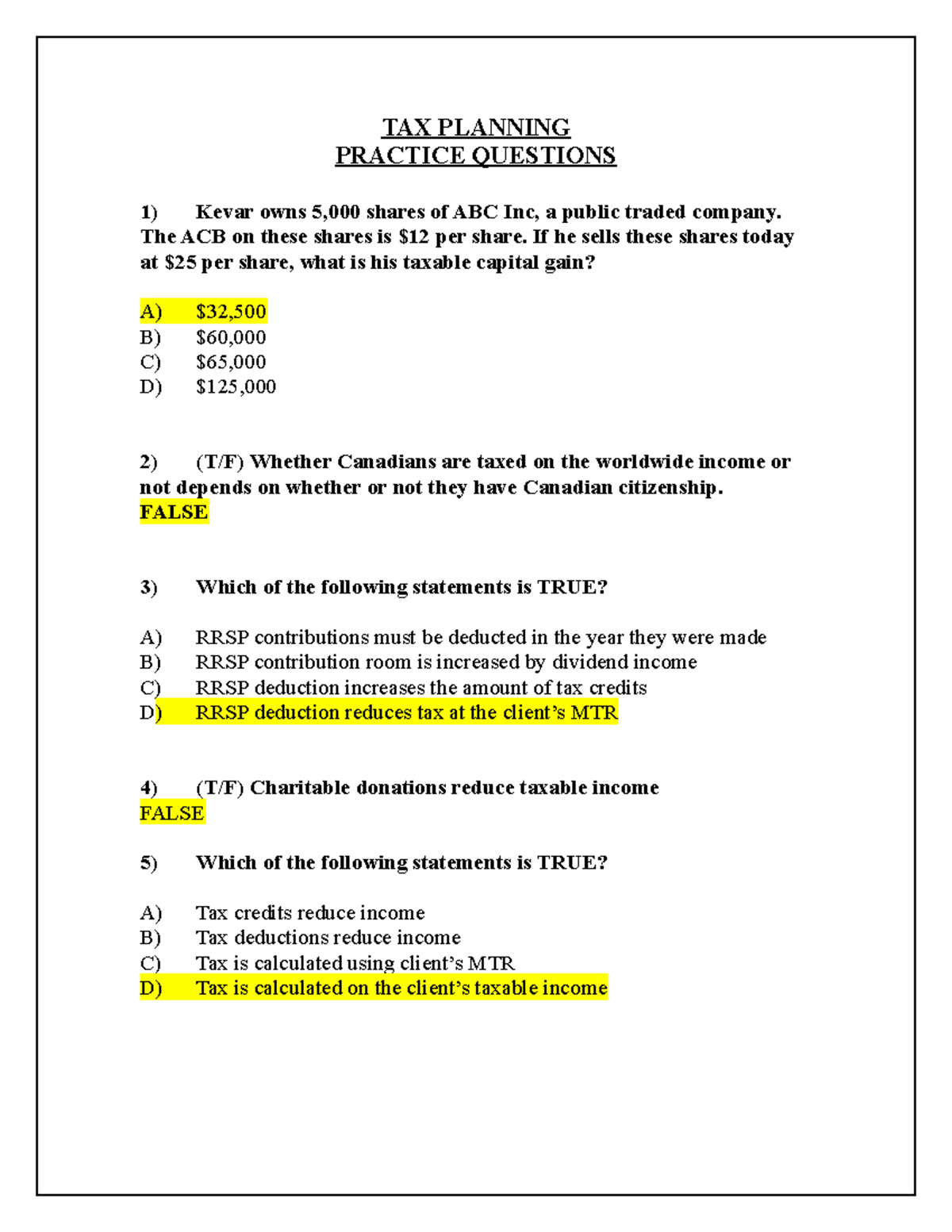Capstone ques - gweasgtwetgersd - TAX PLANNING PRACTICE QUESTIONS 1 ...