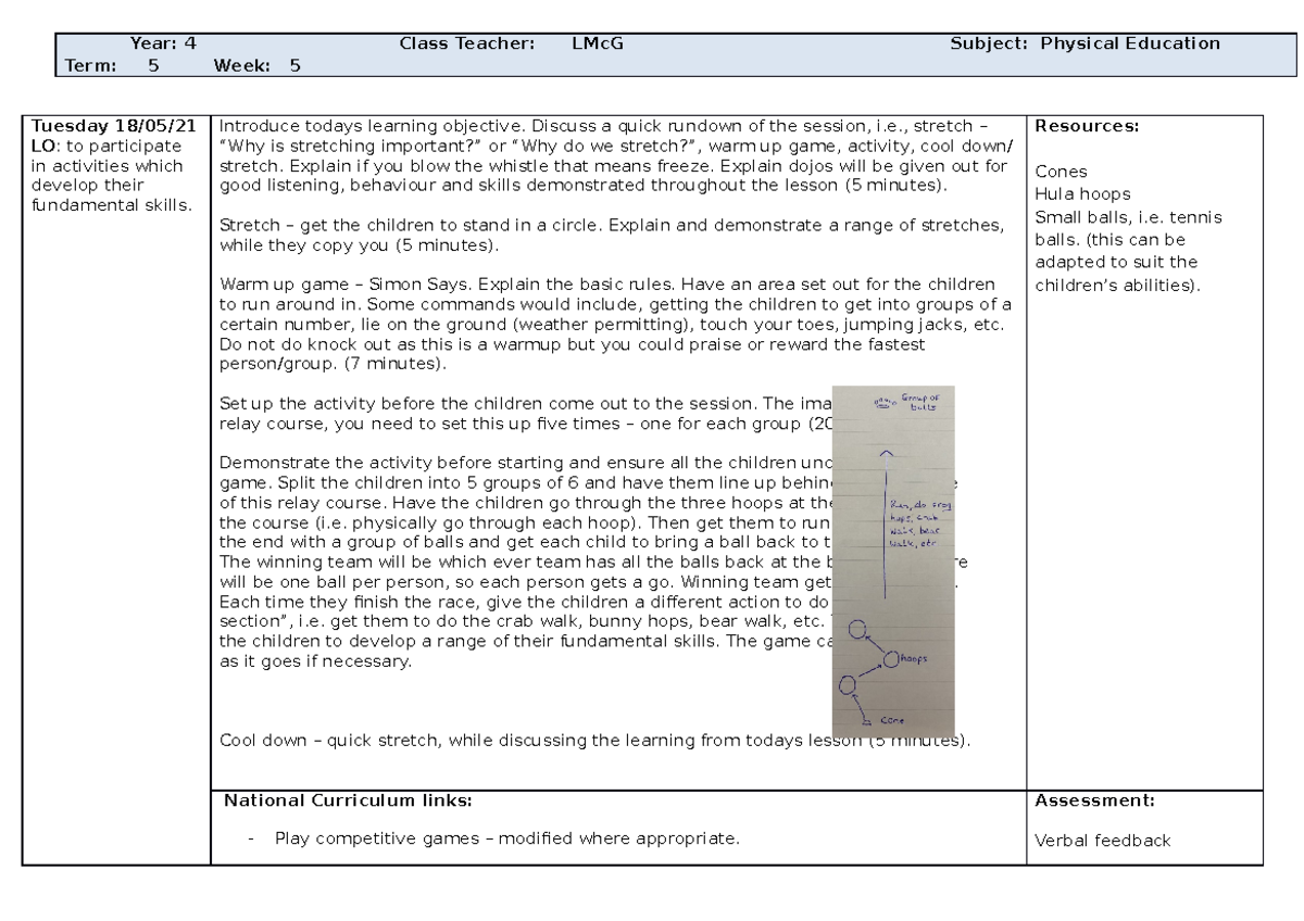 PE lesson plan week 5 - Year: 4 Class Teacher: LMcG Subject: Physical ...