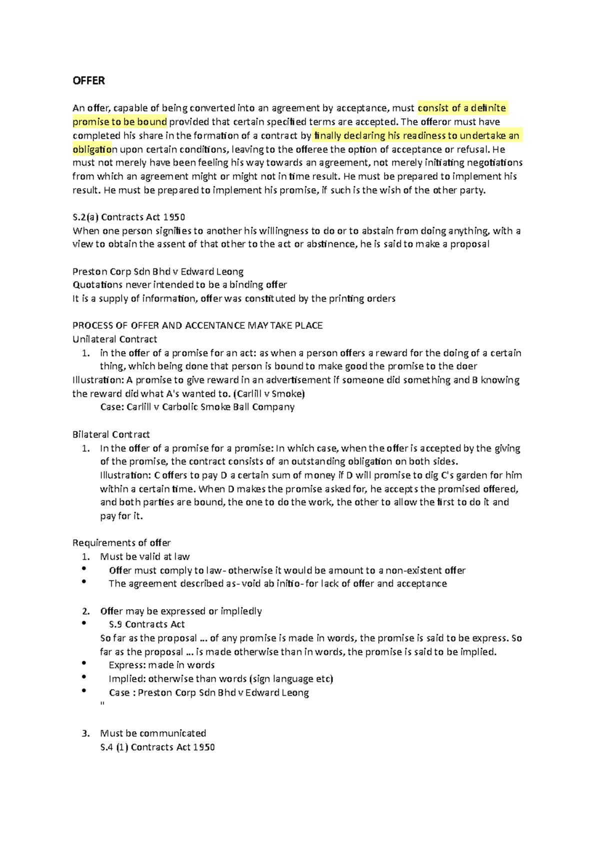 Contract notes - OFFER An ofer, capable of being converted into an ...