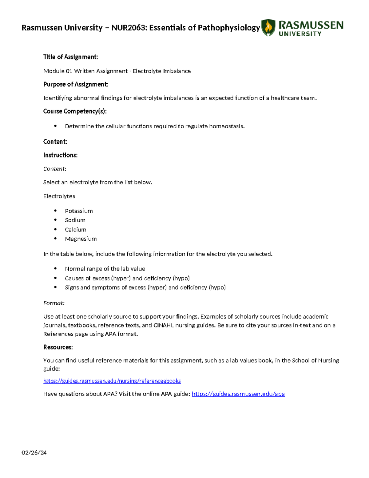 NUR2063 Module 01 Written Assignment-Electrolyte Imbalance 0224 ...
