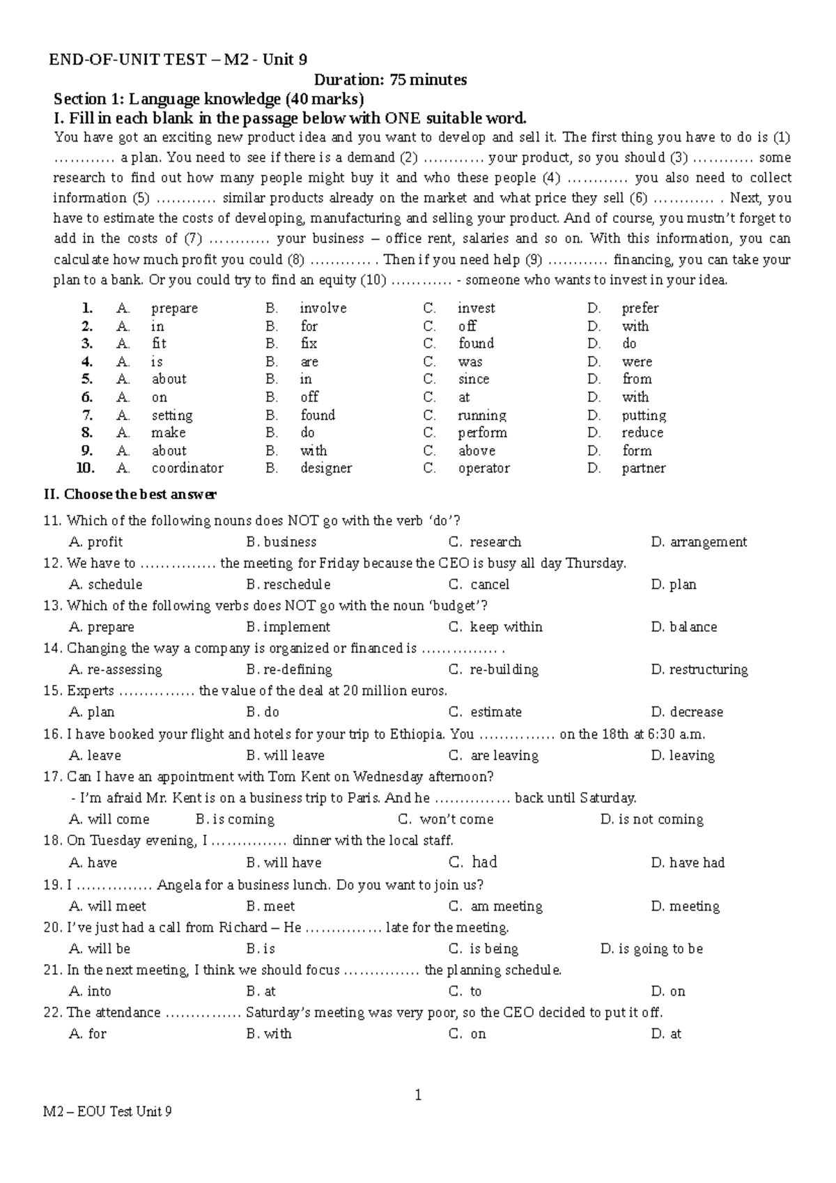 U8 - yhu - END-OF-UNIT TEST – M2 - Unit 9 Duration: 75 minutes Section ...