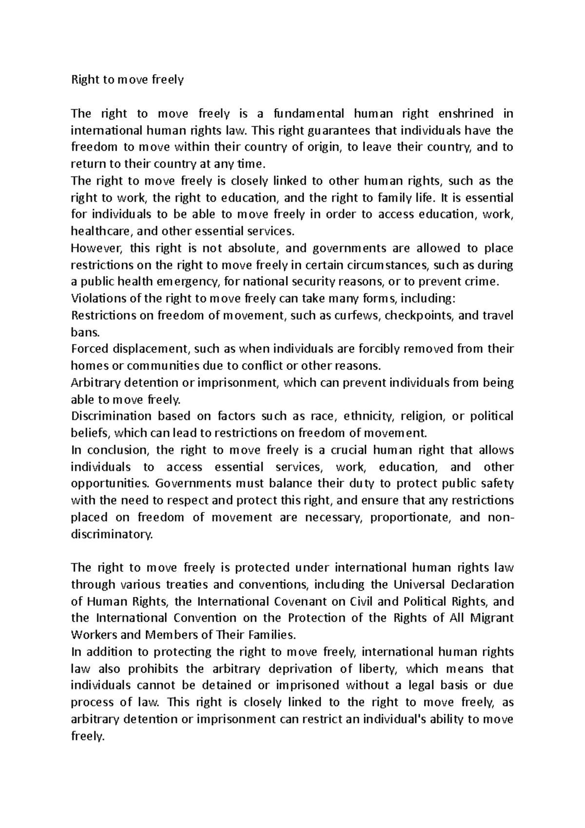 Right to move freely - This right guarantees that individuals have the ...