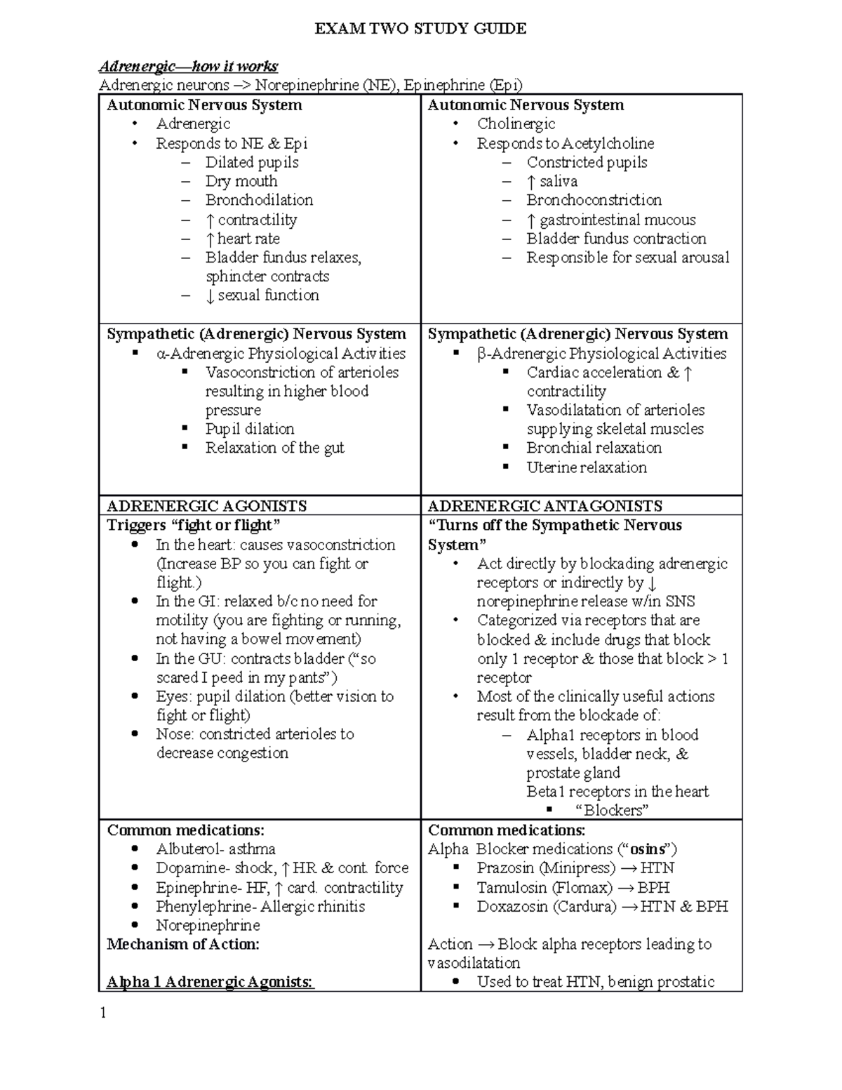Exam 2 Study Guide - EXAM TWO STUDY GUIDE Adrenergic—how it works ...