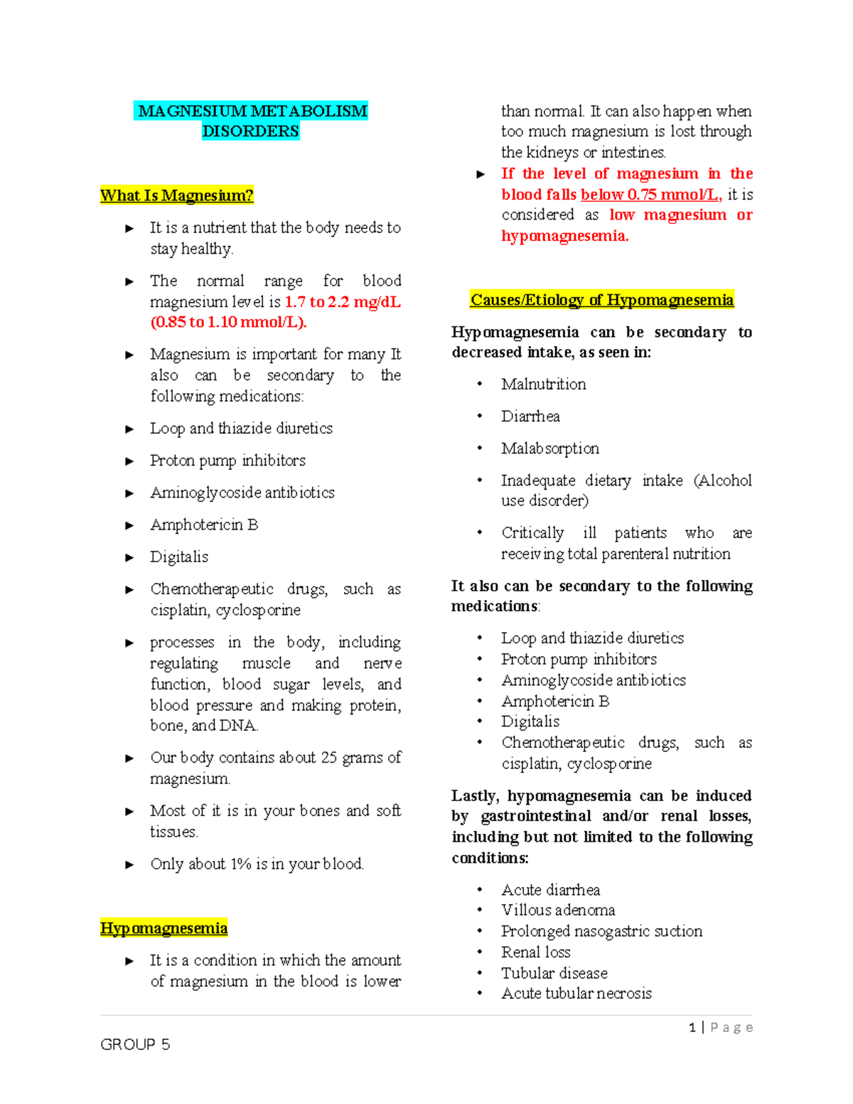 Magnesium- Metabolism- Handout - MAGNESIUM METABOLISM DISORDERS What Is ...