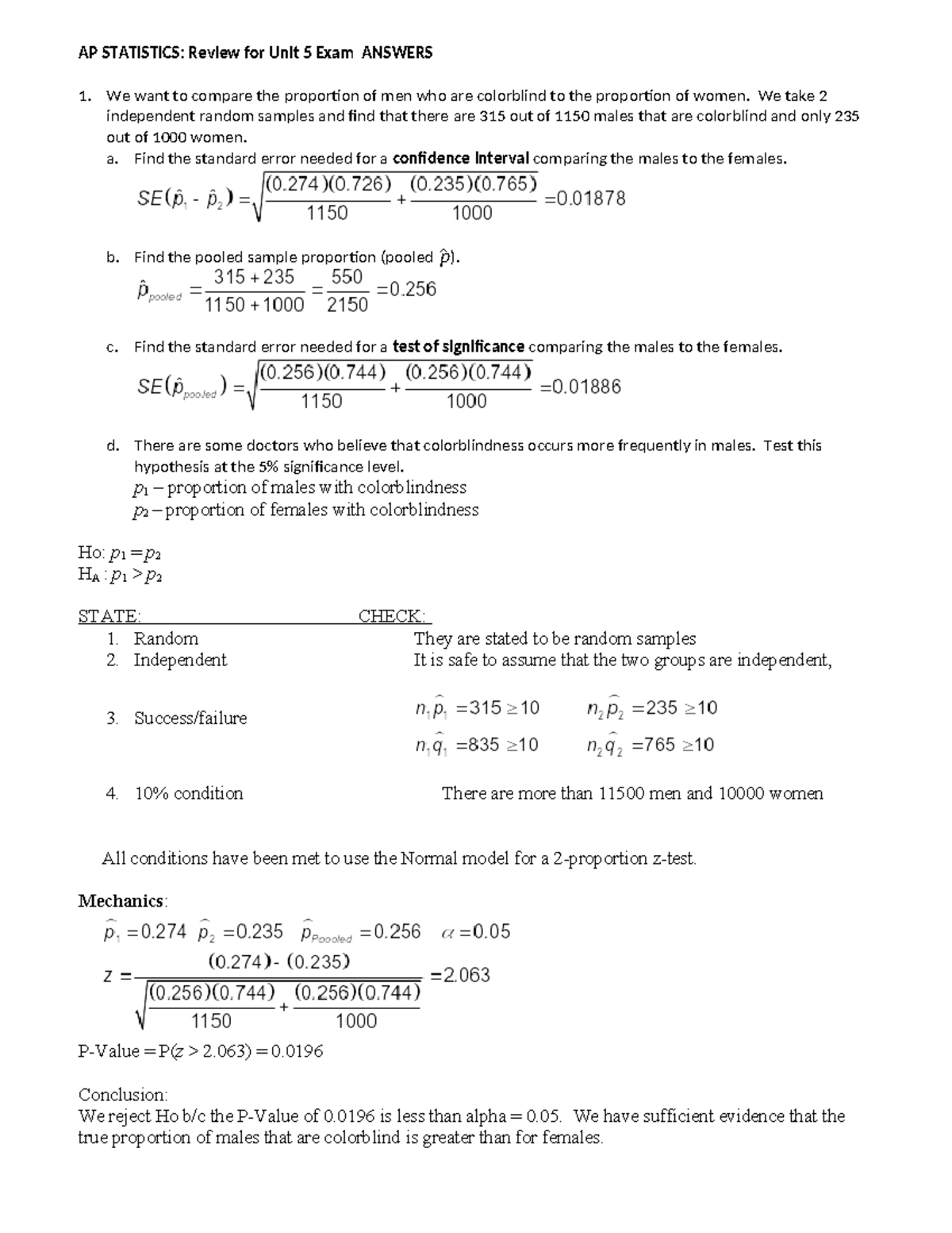 Unit 5 Exam Review Answers 2 - AP STATISTICS: Review for Unit 5 Exam ...