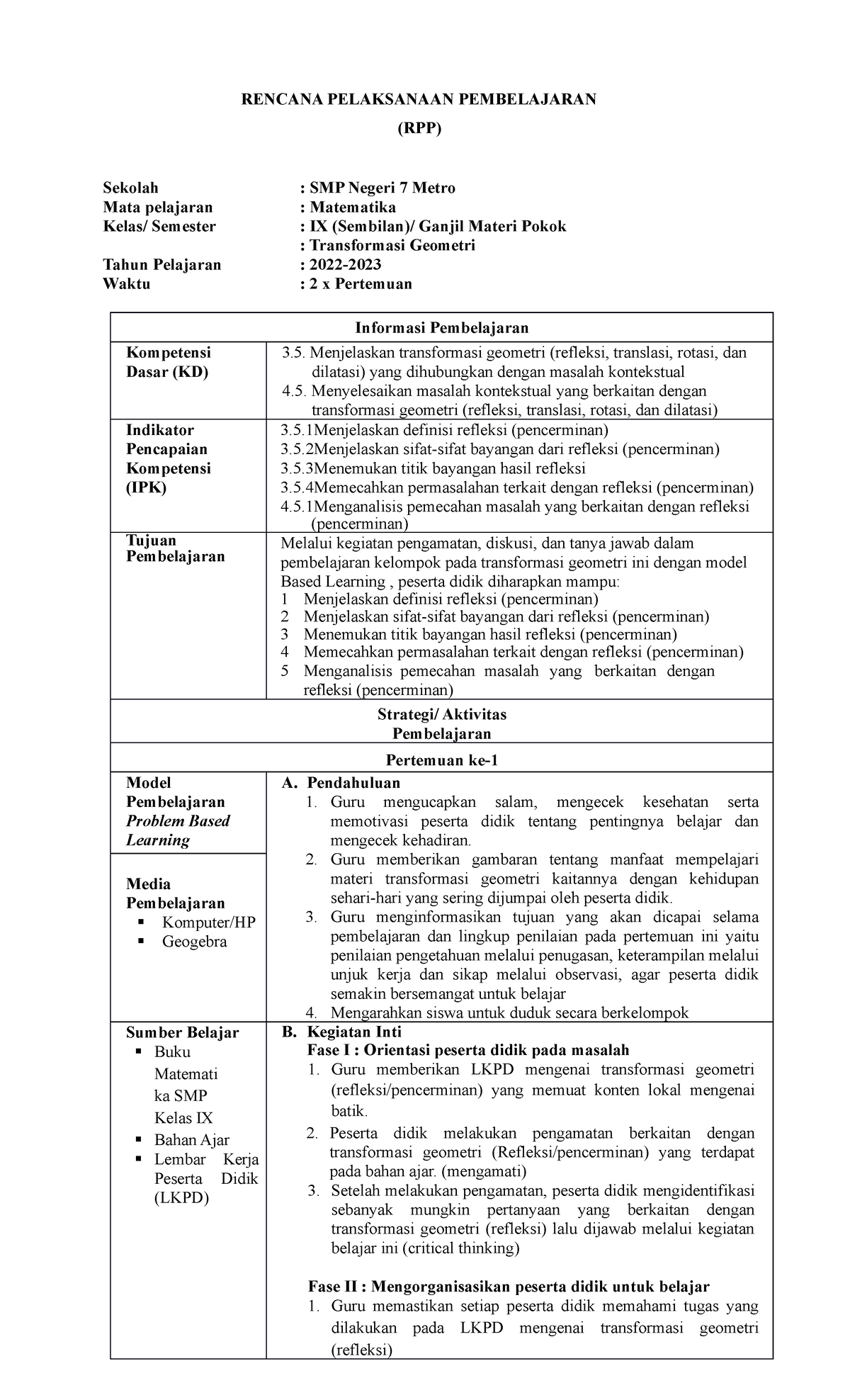 Contoh rpp - RPP - RENCANA PELAKSANAAN PEMBELAJARAN (RPP) Sekolah : SMP ...