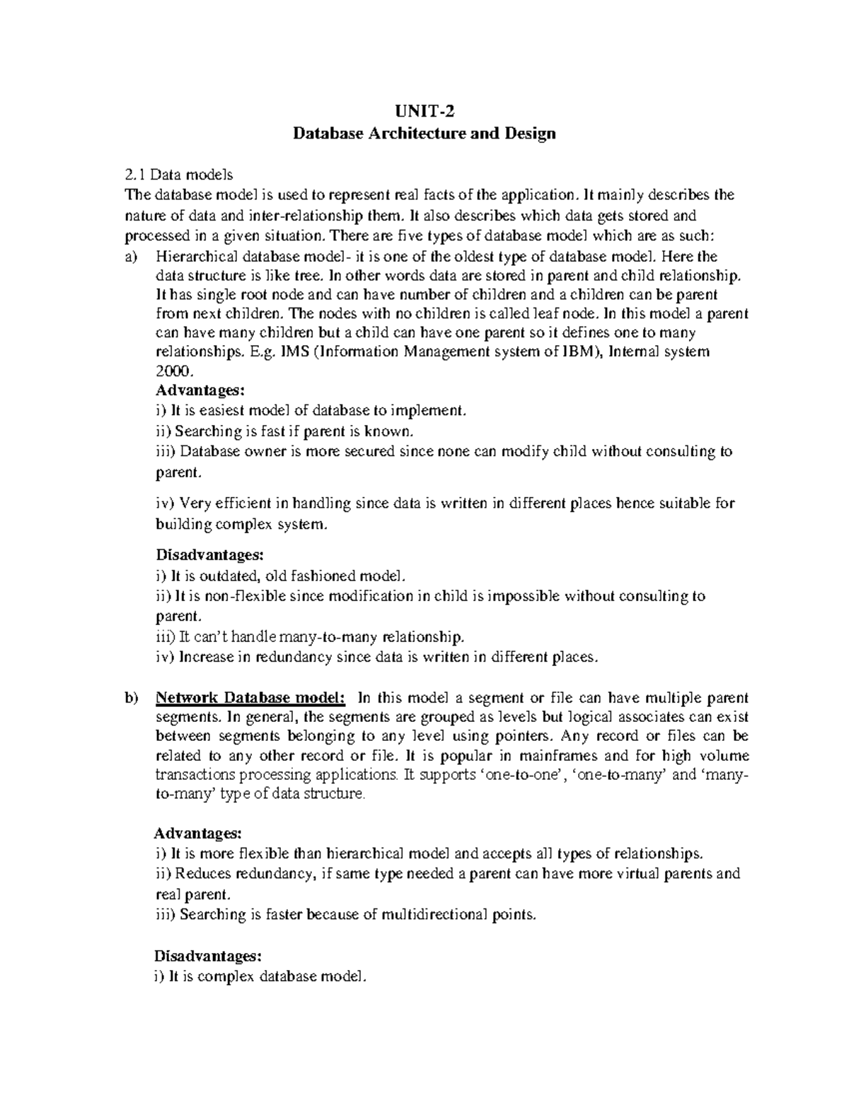 Unit2 Note For Unit 2 Unit Database Architecture And Design 2 Data