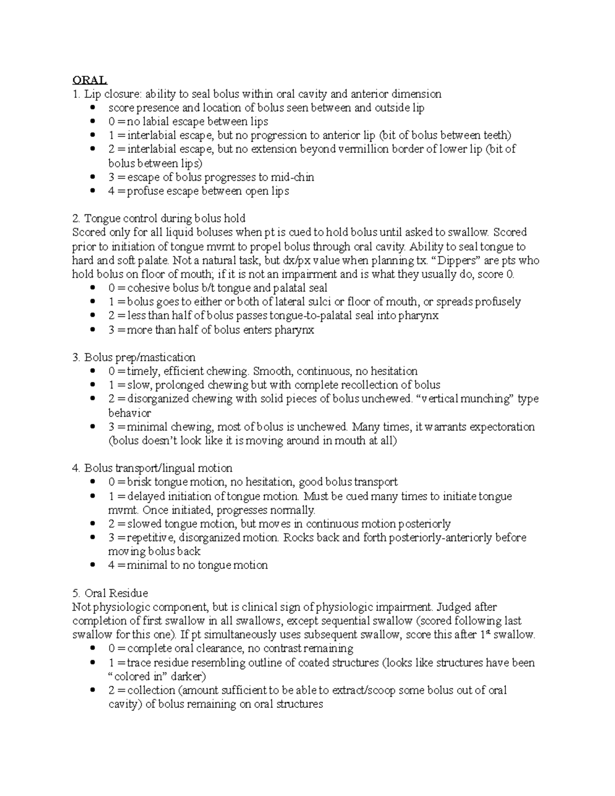 MBSIm P Notes - Bonnie Martin - ORAL Lip closure: ability to seal bolus ...