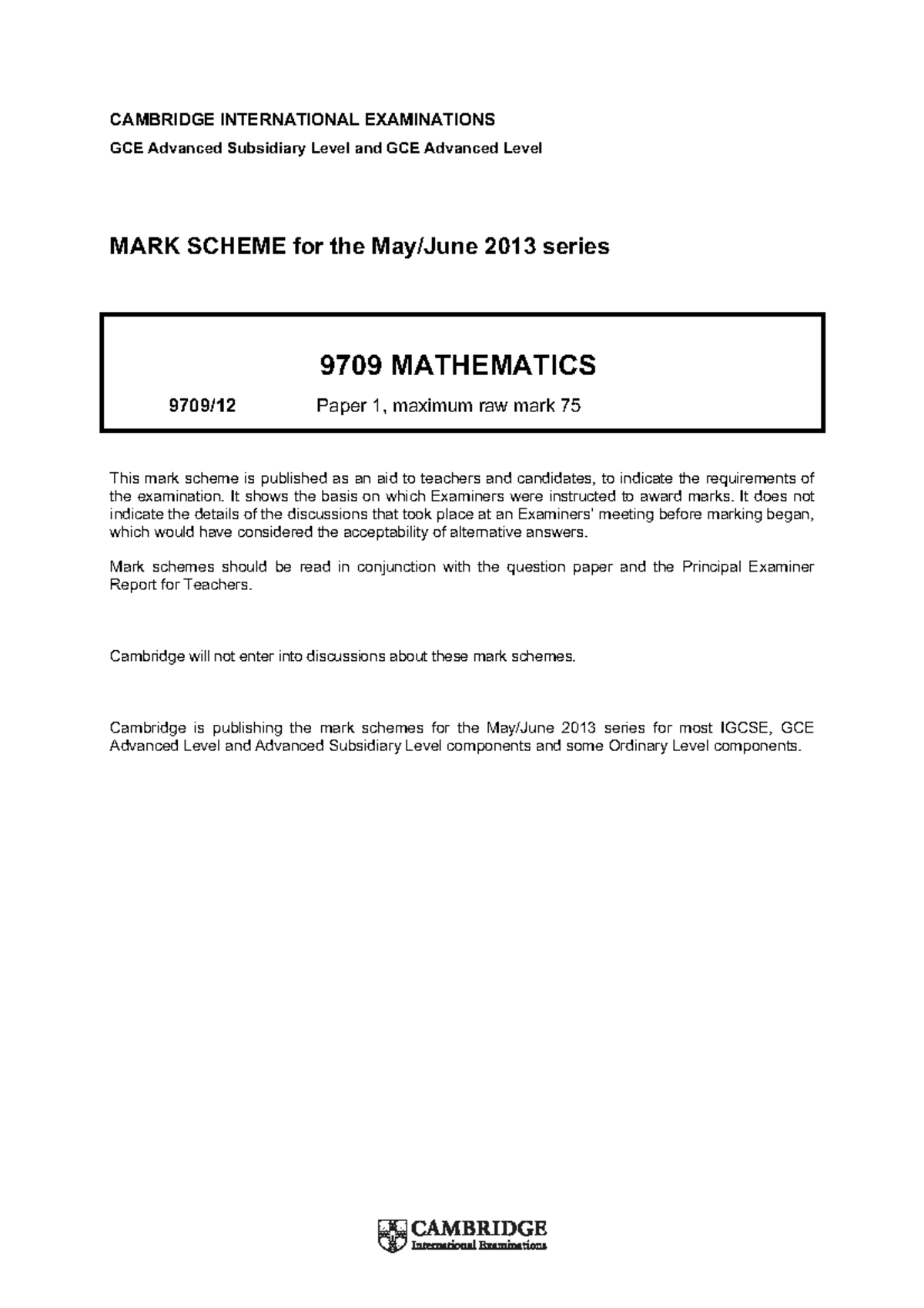 9709 s13 ms 12 - CAMBRIDGE INTERNATIONAL EXAMINATIONS GCE Advanced ...