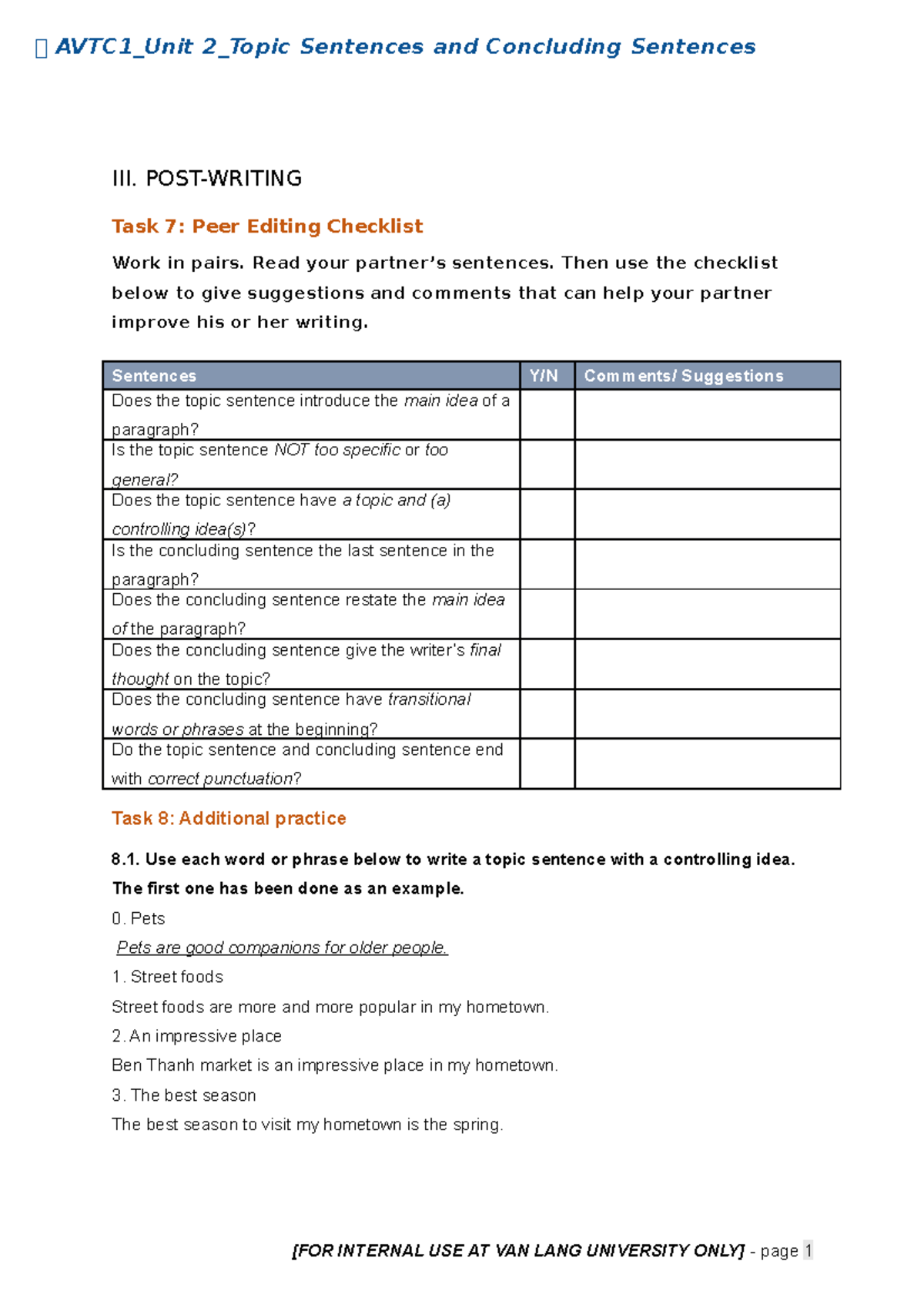 [Official] AVTC1 - Unit 2 - Topic sentences and concluding sentences ...