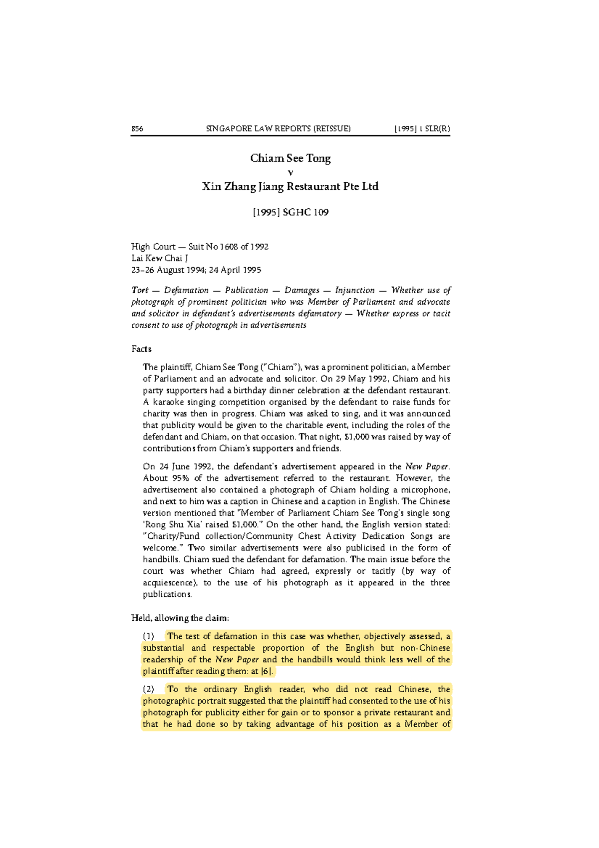 Chiam See Tong v Xin Zhang Jiang Restaurant Pte Ltd [1995] 1 SLR(R) 0856 - 856 SINGAPORE LAW ...