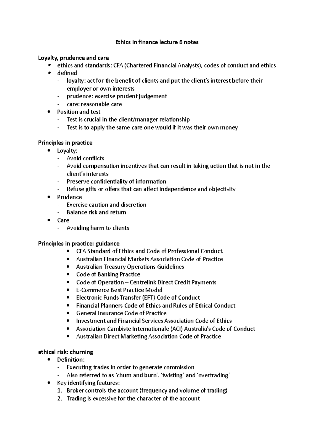 Ethics in finance lecture 6 notes - Ethics in finance lecture 6 notes ...