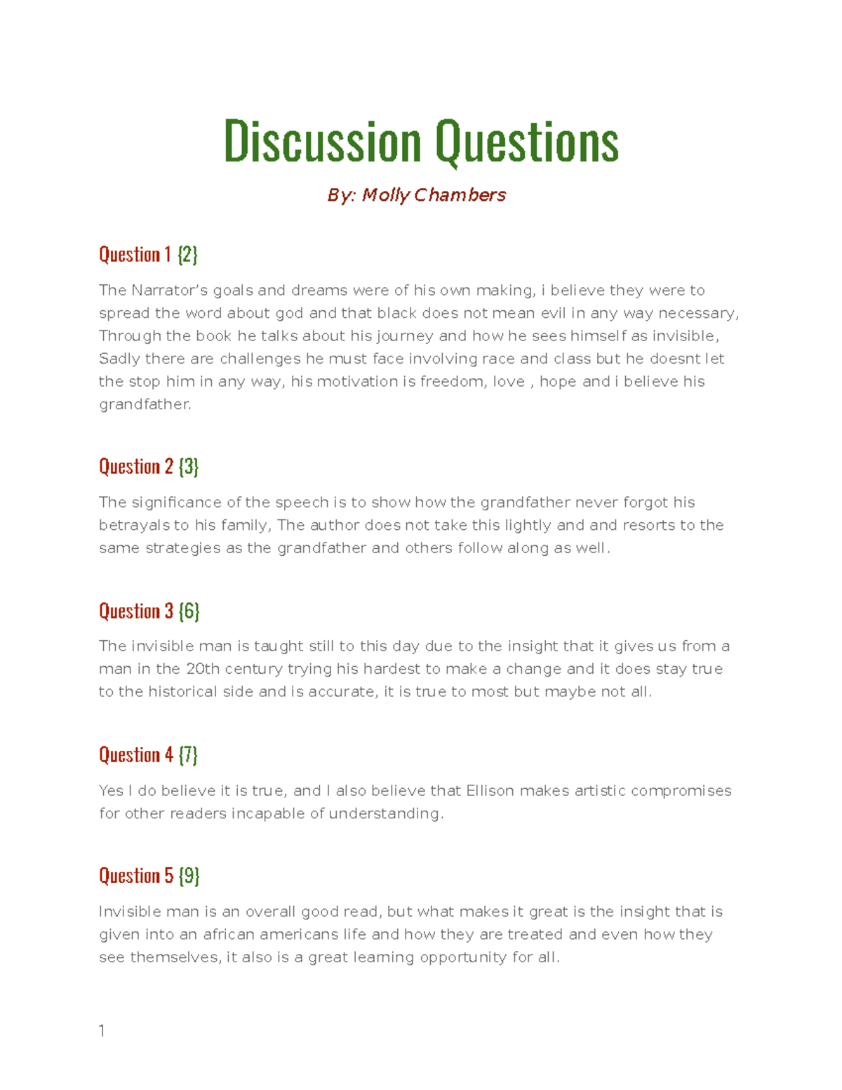 Dicussion Questions - Discussion Questions By: Molly Chambers Question ...