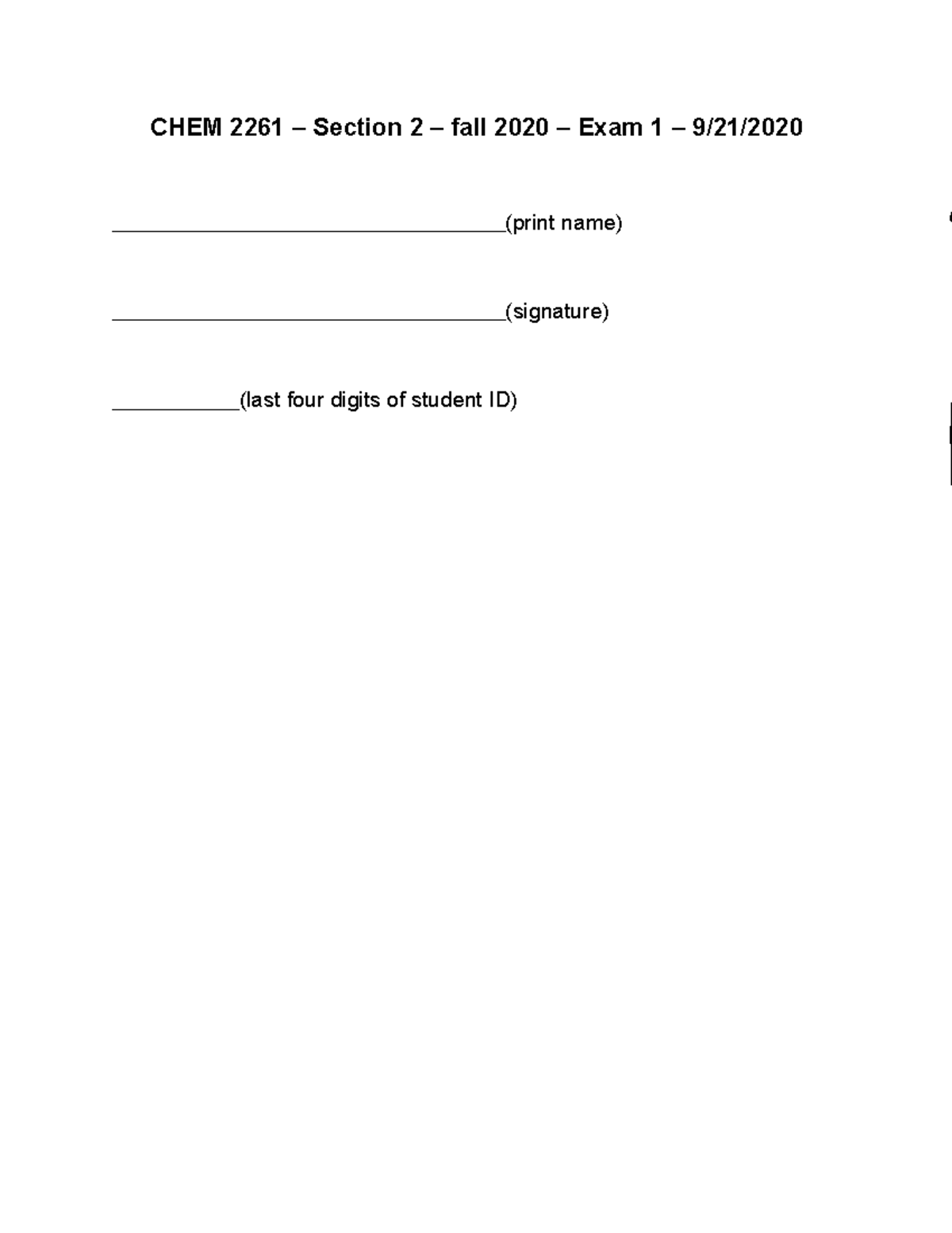 Exam 3 2020 - third exam from 2020 ragains - CHEM 2261 – Section 2 ...