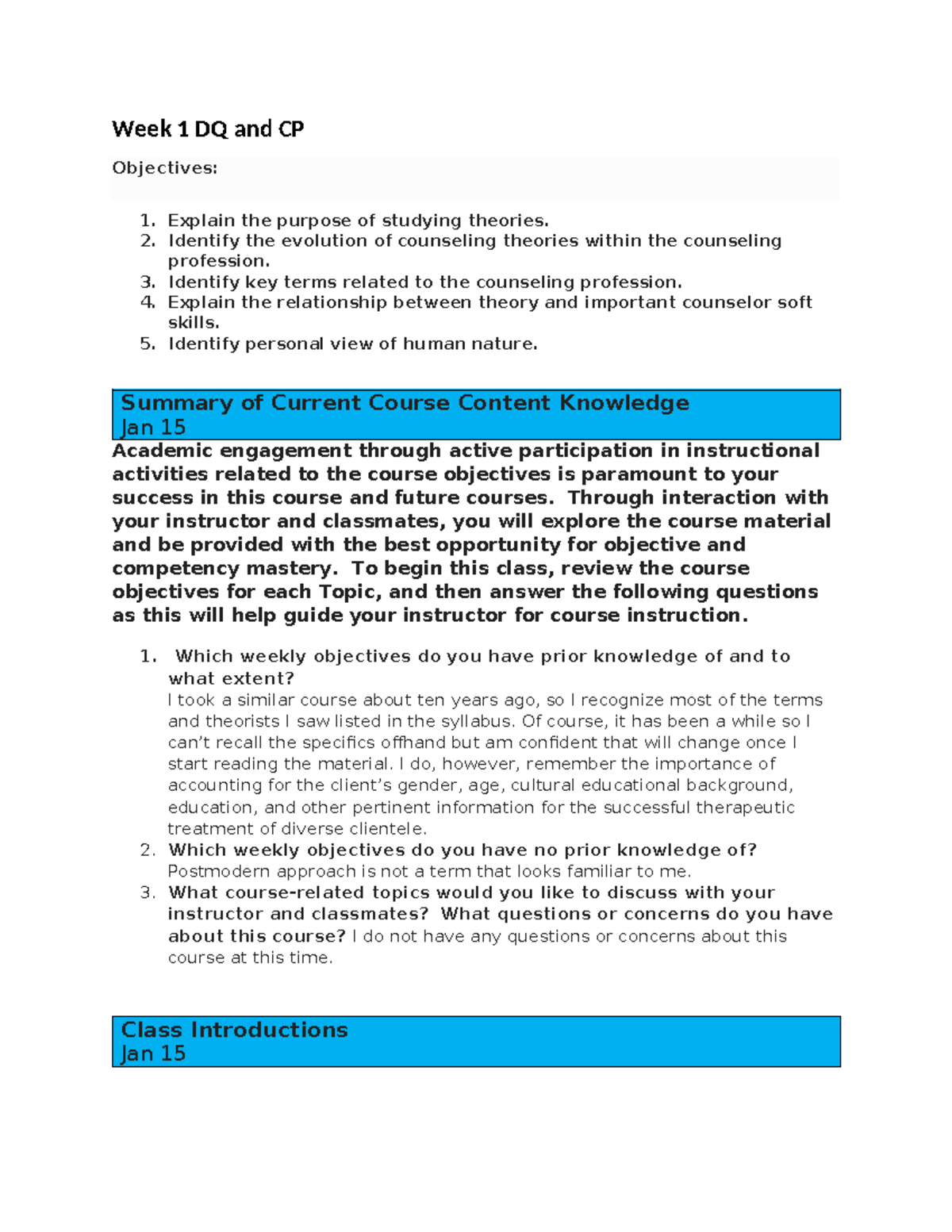 Week 1 DQ and CP - class participation and discussion qestions - Week 1 ...