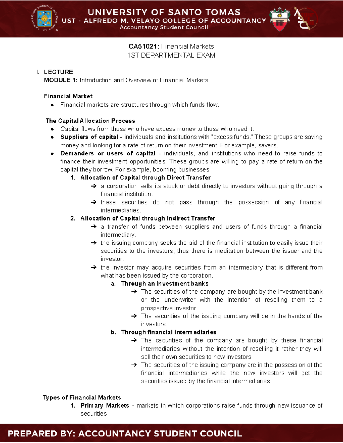 [ASC] Financial Markets Handout - CA51021: Financial Markets 1ST ...