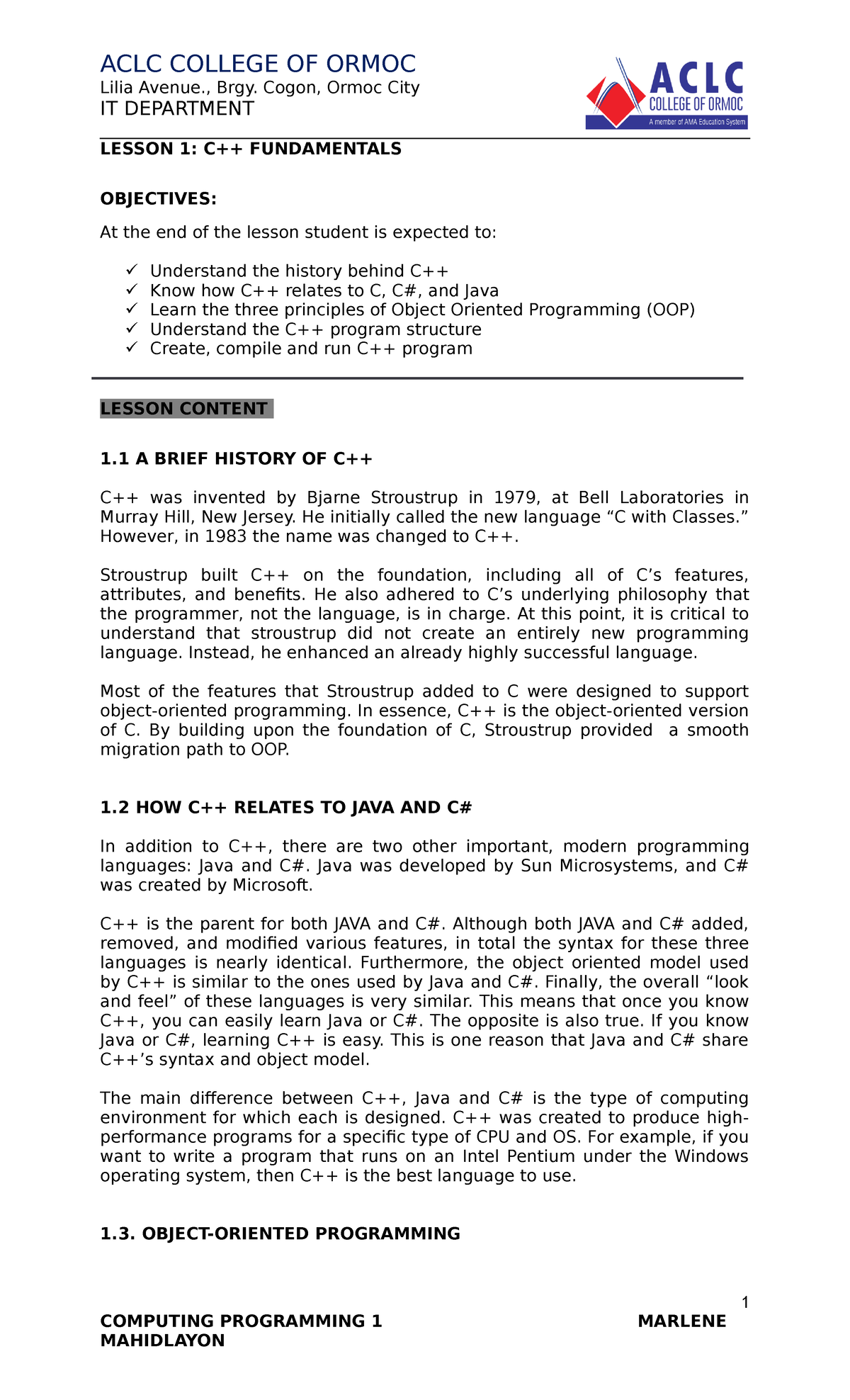DIPL-ITE6101 Computing Fundamentals - Lilia Avenue., Brgy. Cogon, Ormoc ...