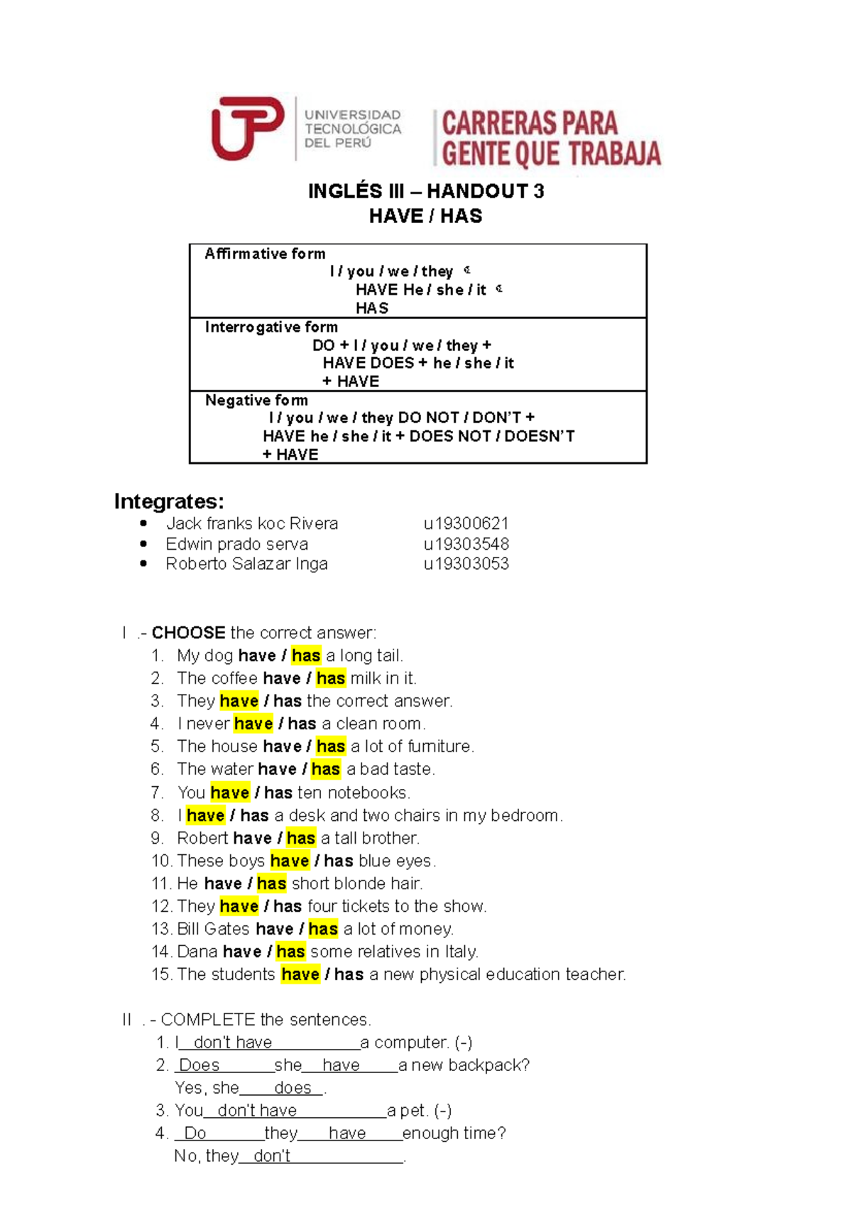 Tarea 3 ingles - asdfasf - INGLÉS III – HANDOUT 3 HAVE / HAS ...