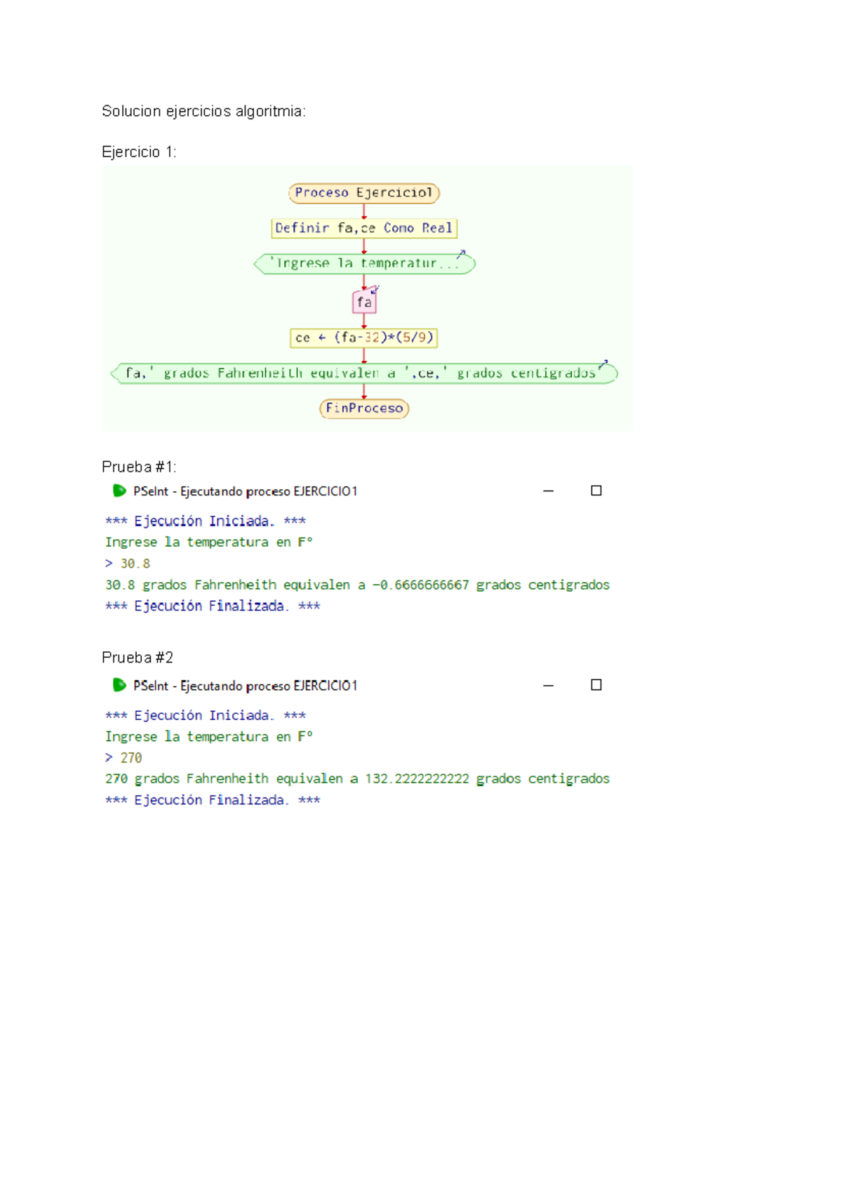Taller Algoritmia - Solucion ejercicios algoritmia: Ejercicio 1: Proceso Ejercicio Definir fa ...