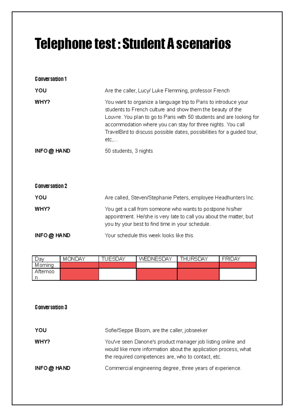 Telephone test student A - Telephone test : Student A scenarios ...