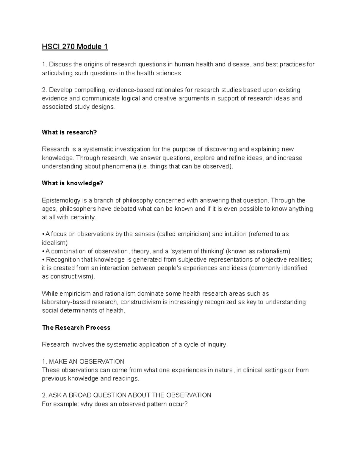 Hsci 270 Module 1 Notes Hsci 270 Module 1 Discuss The Origins Of Research Questions In Human